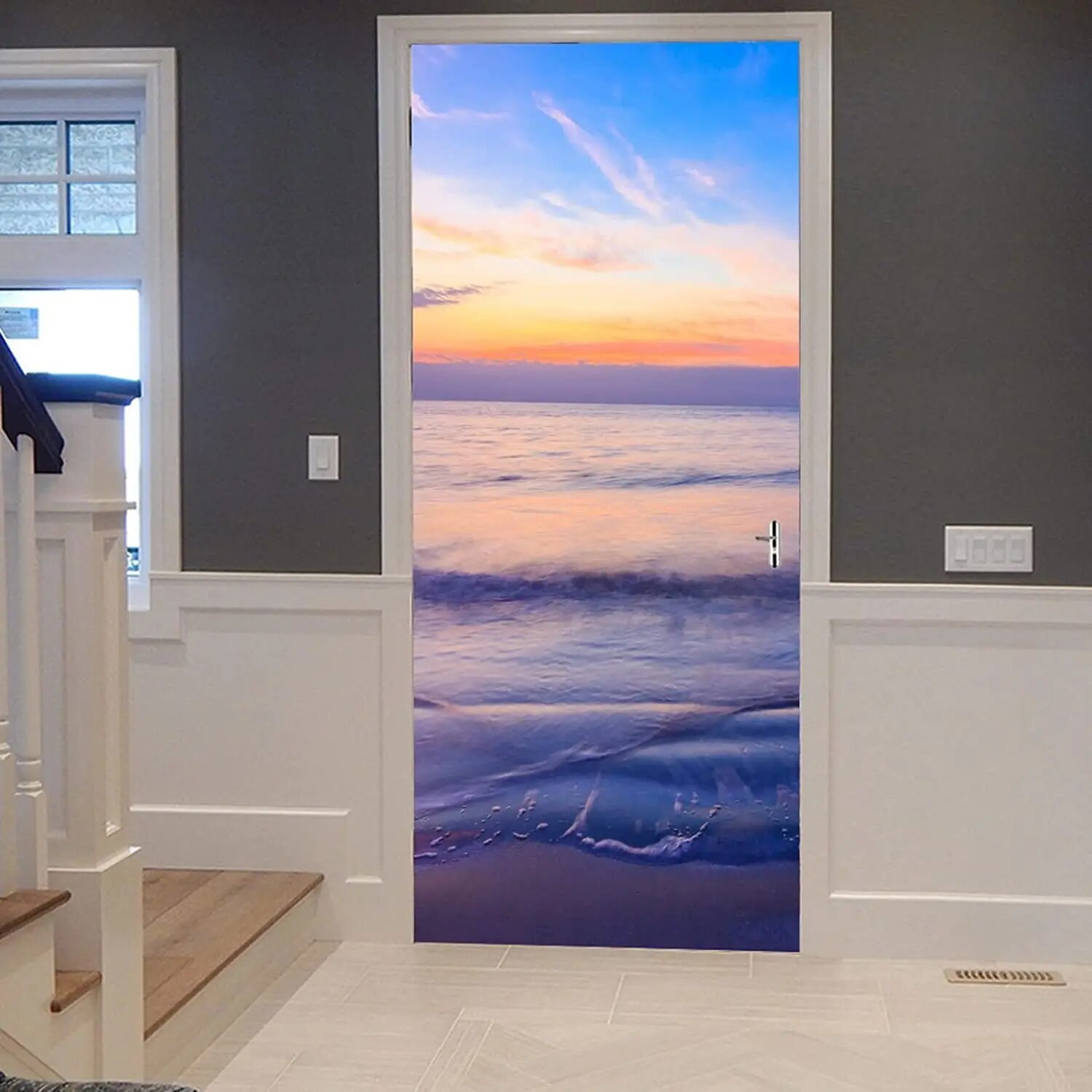 Purple Sky Seaside Door Sticker Fantasy Ocean Scenery Door Decal Self ...