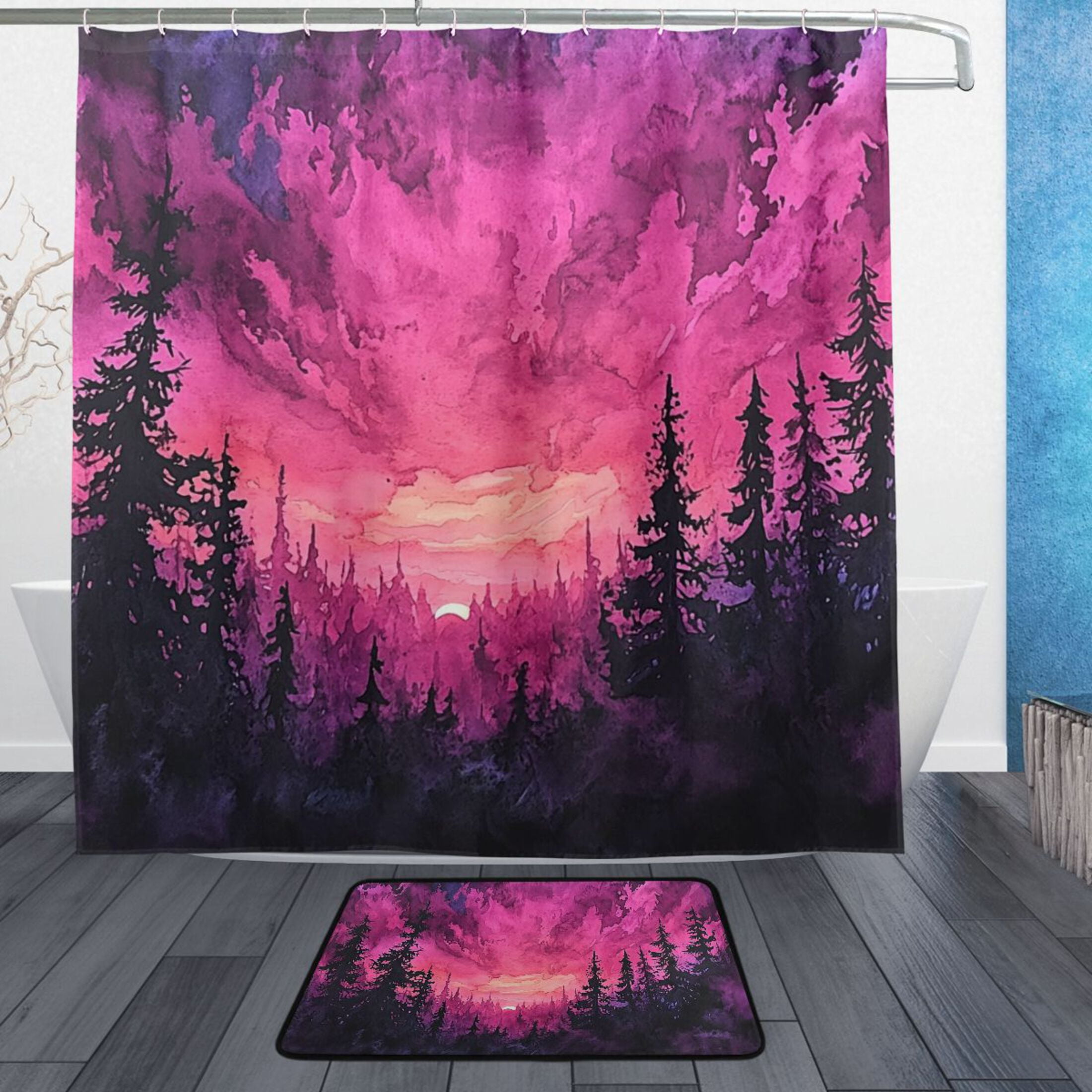 Purple Sky and Dark Forest 2 Pcs Bathroom Shower Curtain Set with Bath ...