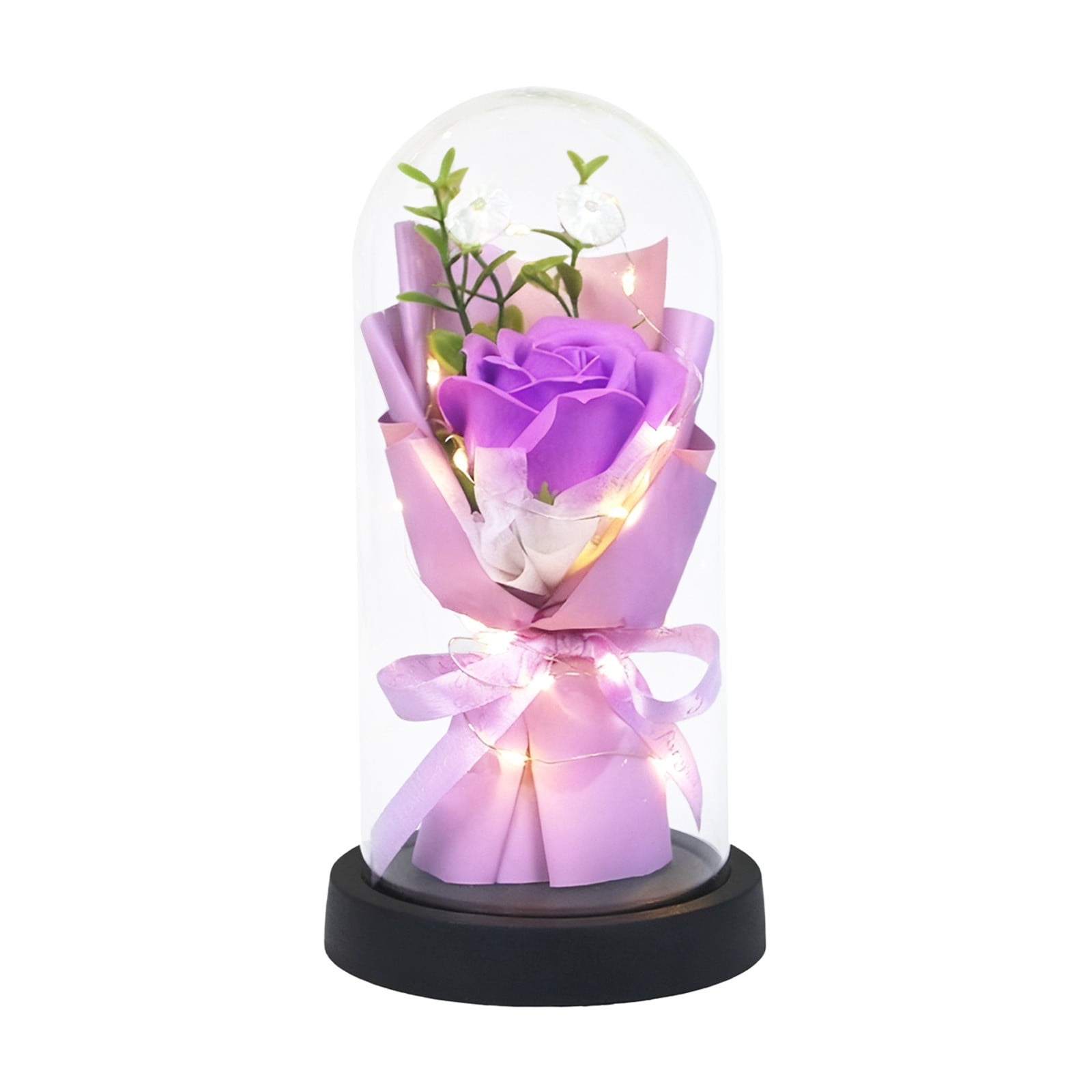 Purple Soap Flower Rose Bouquet In Glass Dome With Led Lights ...