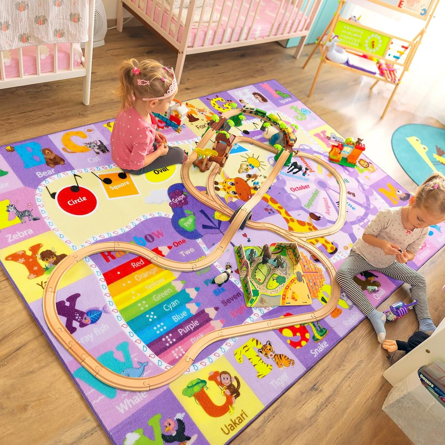Purple Soft Kids Rug for Playroom with ABC Alphabets Animals, Thickened ...