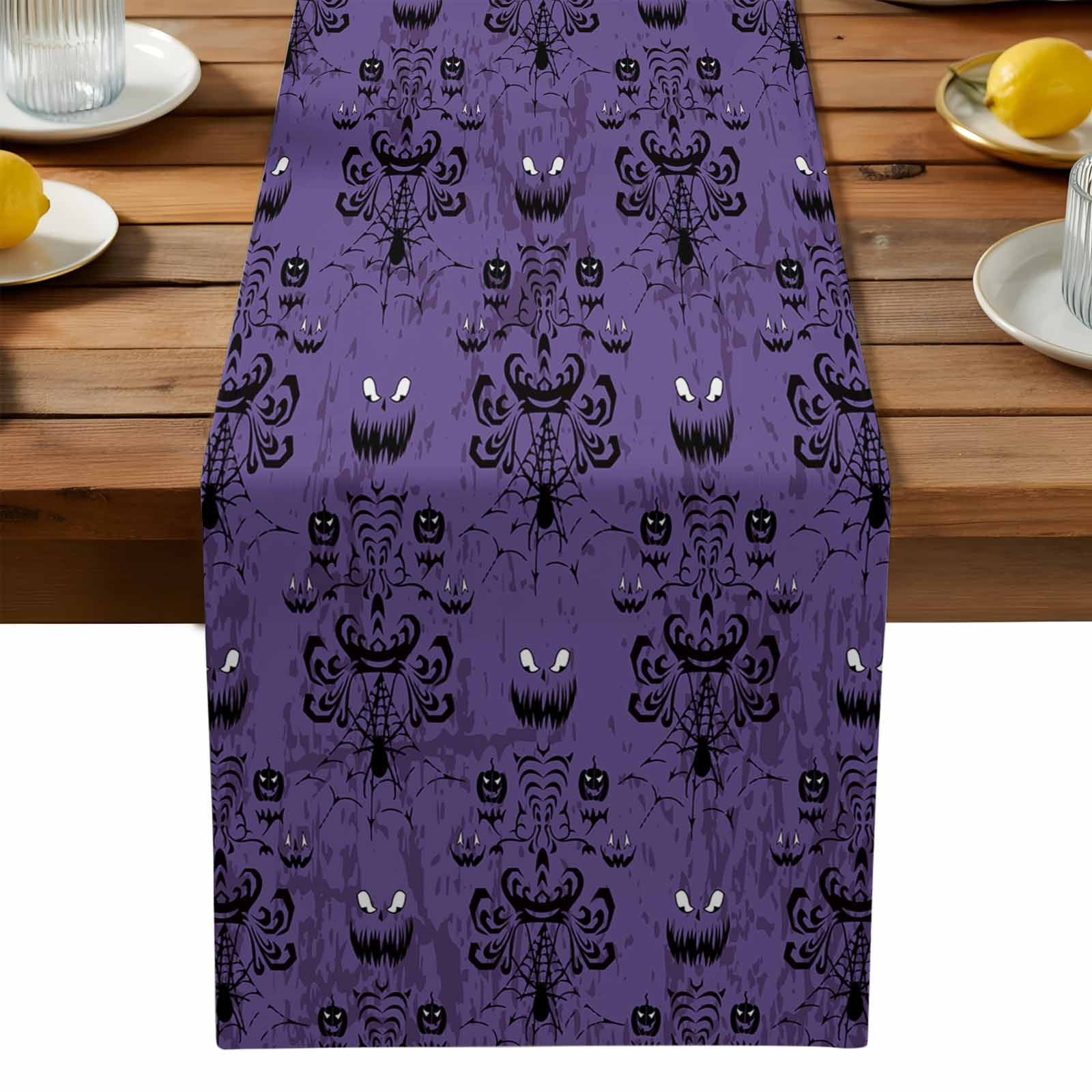 Purple Spooky Haunted House Table Runner, Halloween Pumpkins Grimace ...