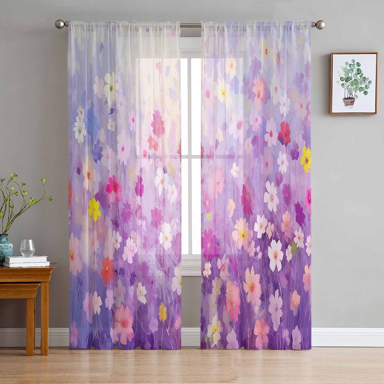 Purple Spring Floral Sheer Curtains 96 Inches Long 2 Panels Set, Window ...