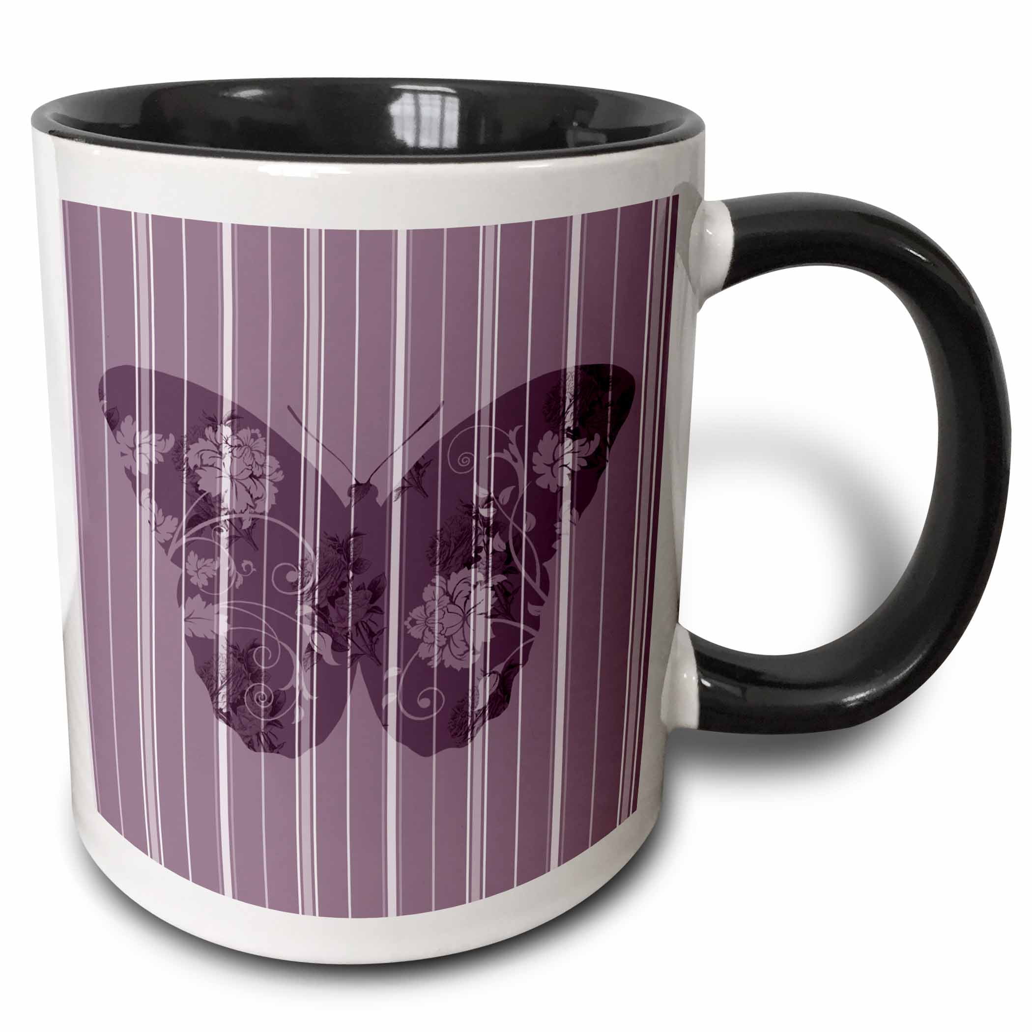 Purple Stripes Floral Butterfly girly chic art 11oz Two-Tone Black Mug ...