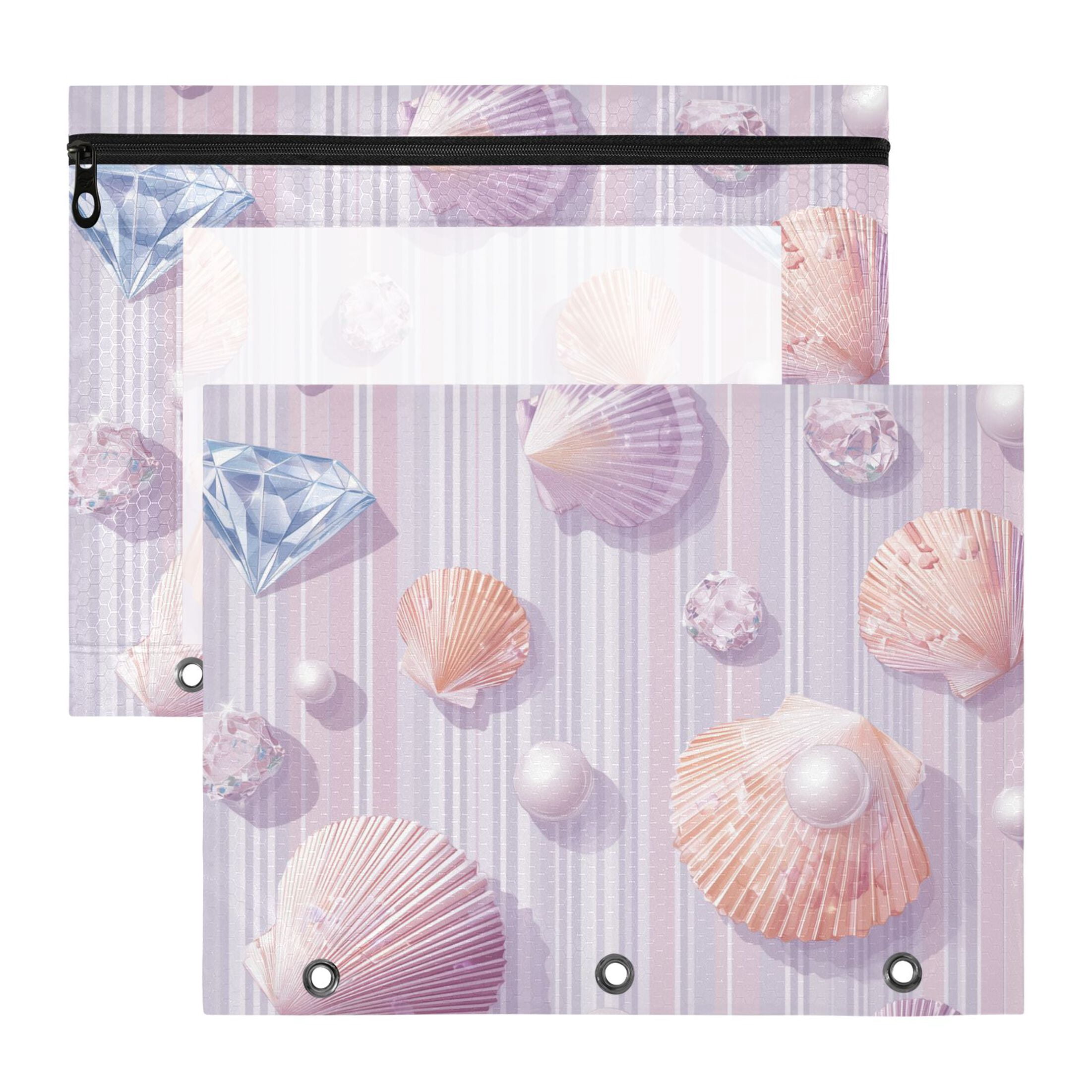 Purple Stripes with Gems Shells Pearls 3-Ring Binder Pocket with Zipper ...