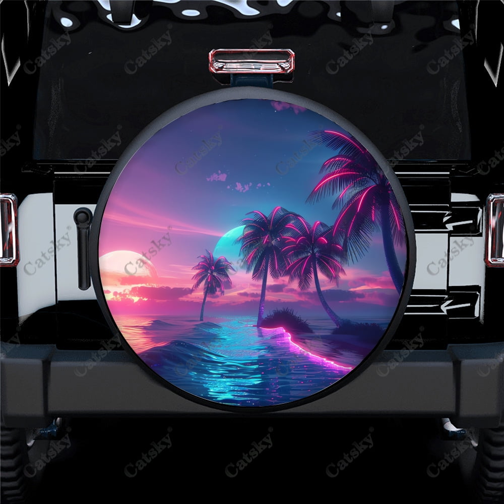 Purple Sunset Palm Tree Polyester Universal Spare Wheel Tire Cover ...