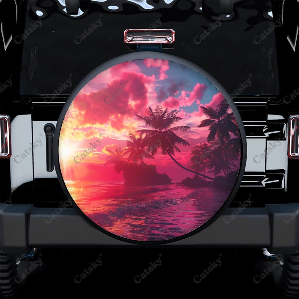 Purple Sunset Palm Tree Polyester Universal Spare Wheel Tire Cover ...