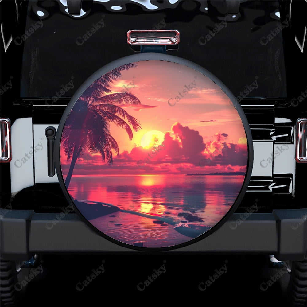 Purple Sunset Palm Tree Polyester Universal Spare Wheel Tire Cover ...