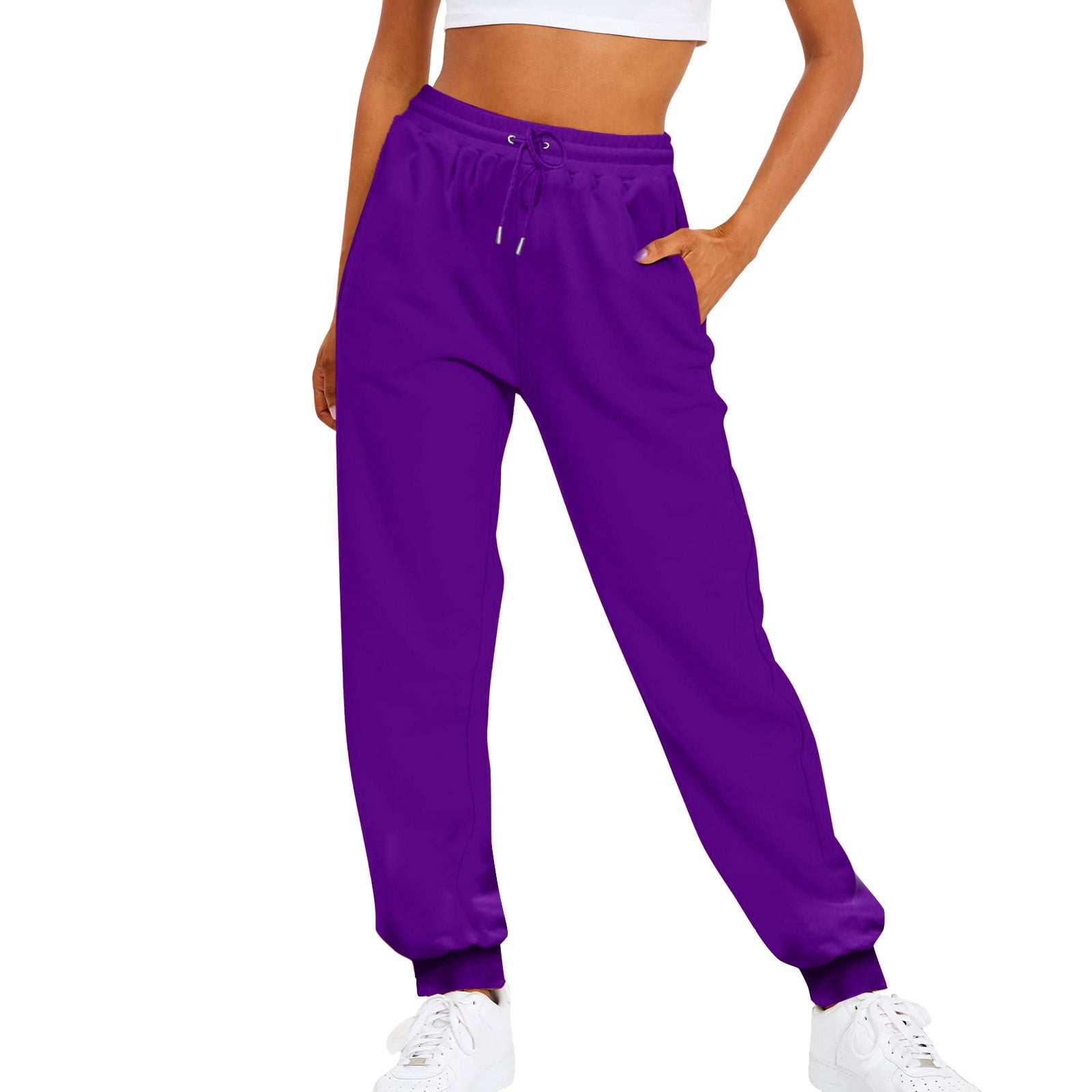 Purple Sweatpants Womens Solid Color Drawstring Elastic Waist Casual ...