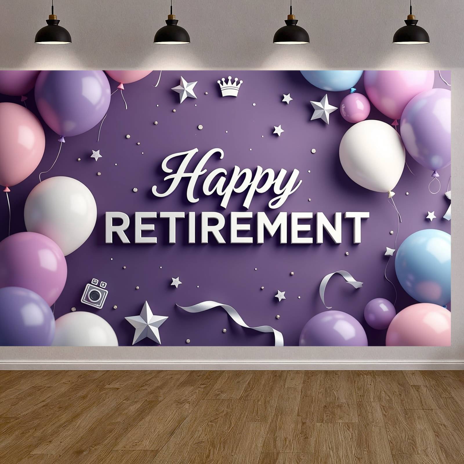 Purple Themed Happy Retirement Banner Pink Balloon Decorated Retirement ...