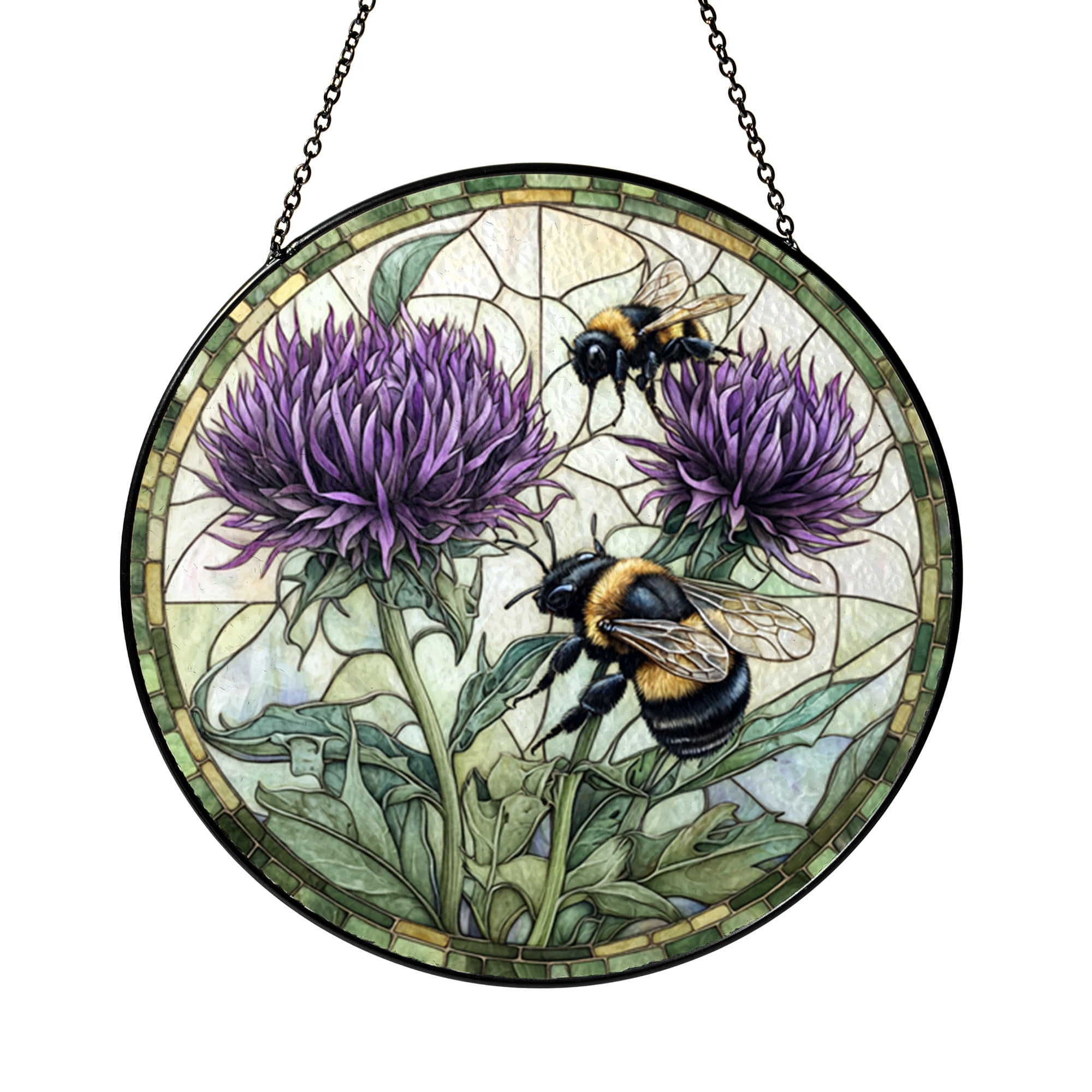 Purple Thistle and Bee Stained Glass Suncatcher – Round Floral Window ...