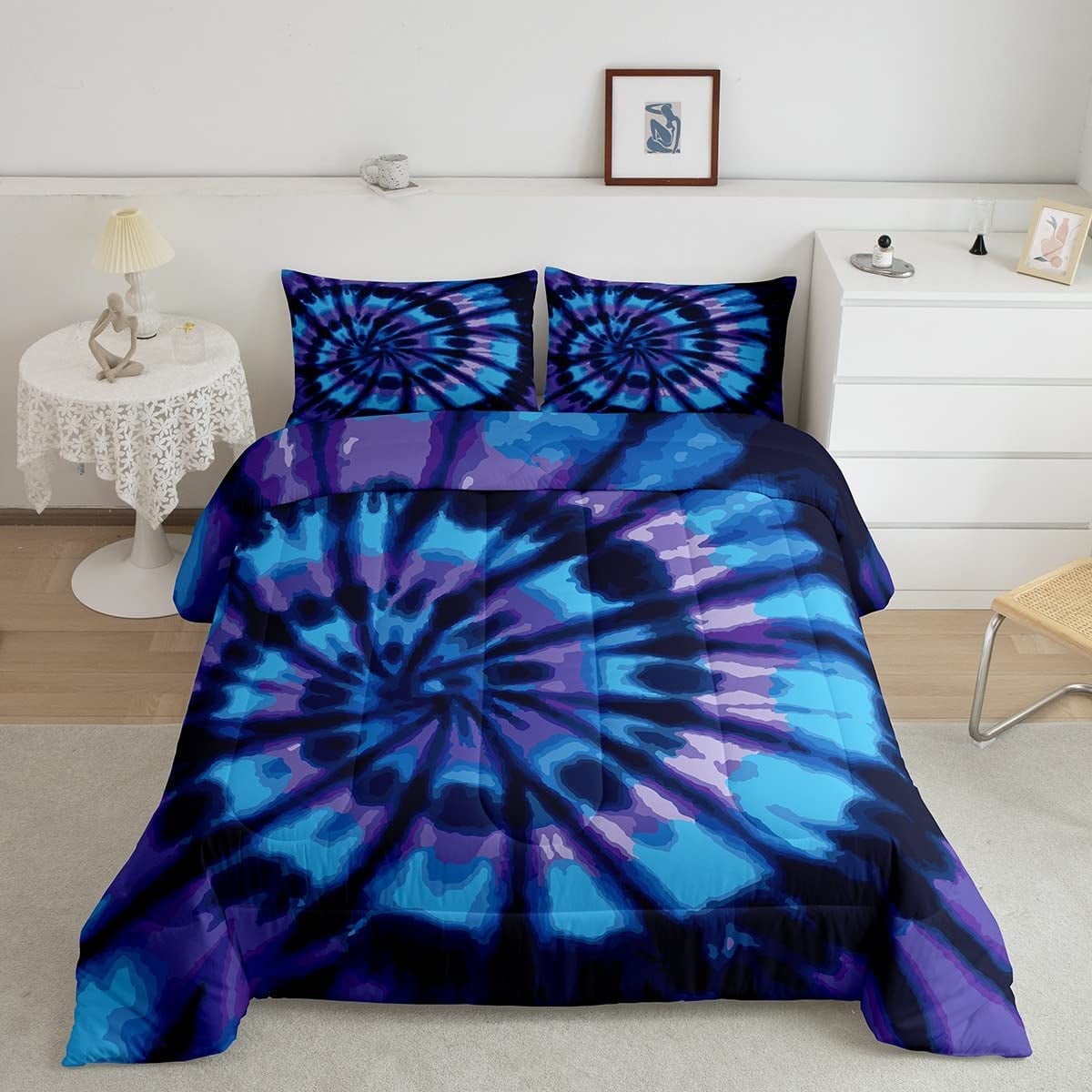 Full Size Boho Hippie Bedding Set, Purple & Blue Tie Dye Comforter with ...
