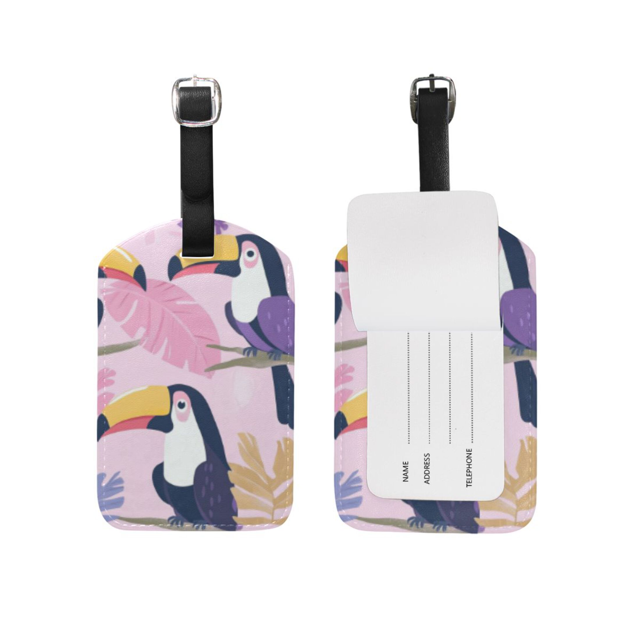Purple Toucans and Leaves Luggage Tags PU Leather Name ID Labels for ...