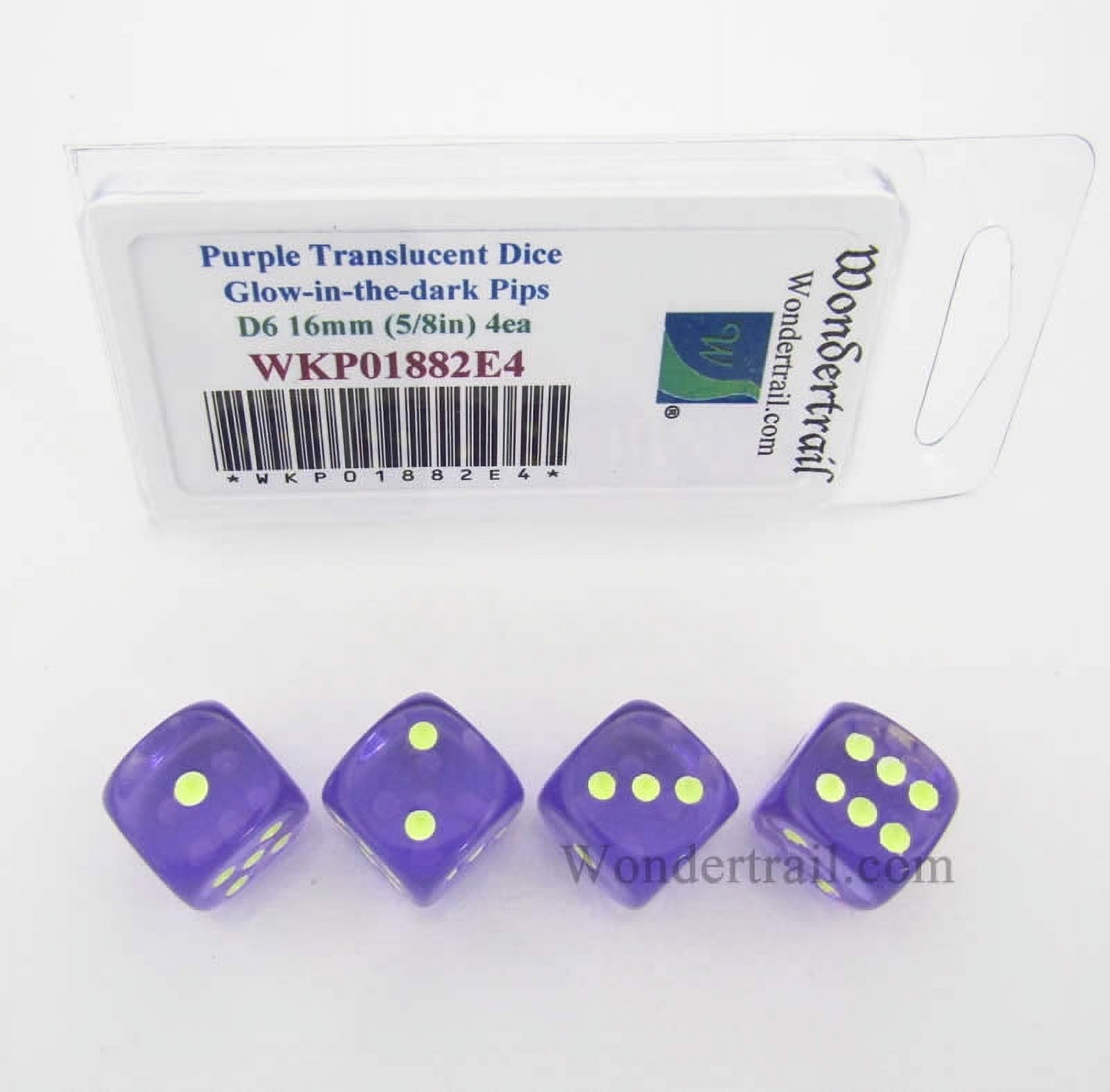 Purple Transparent Dice with Glow in the Dark Pips D6 16mm (5/8in) Pack ...