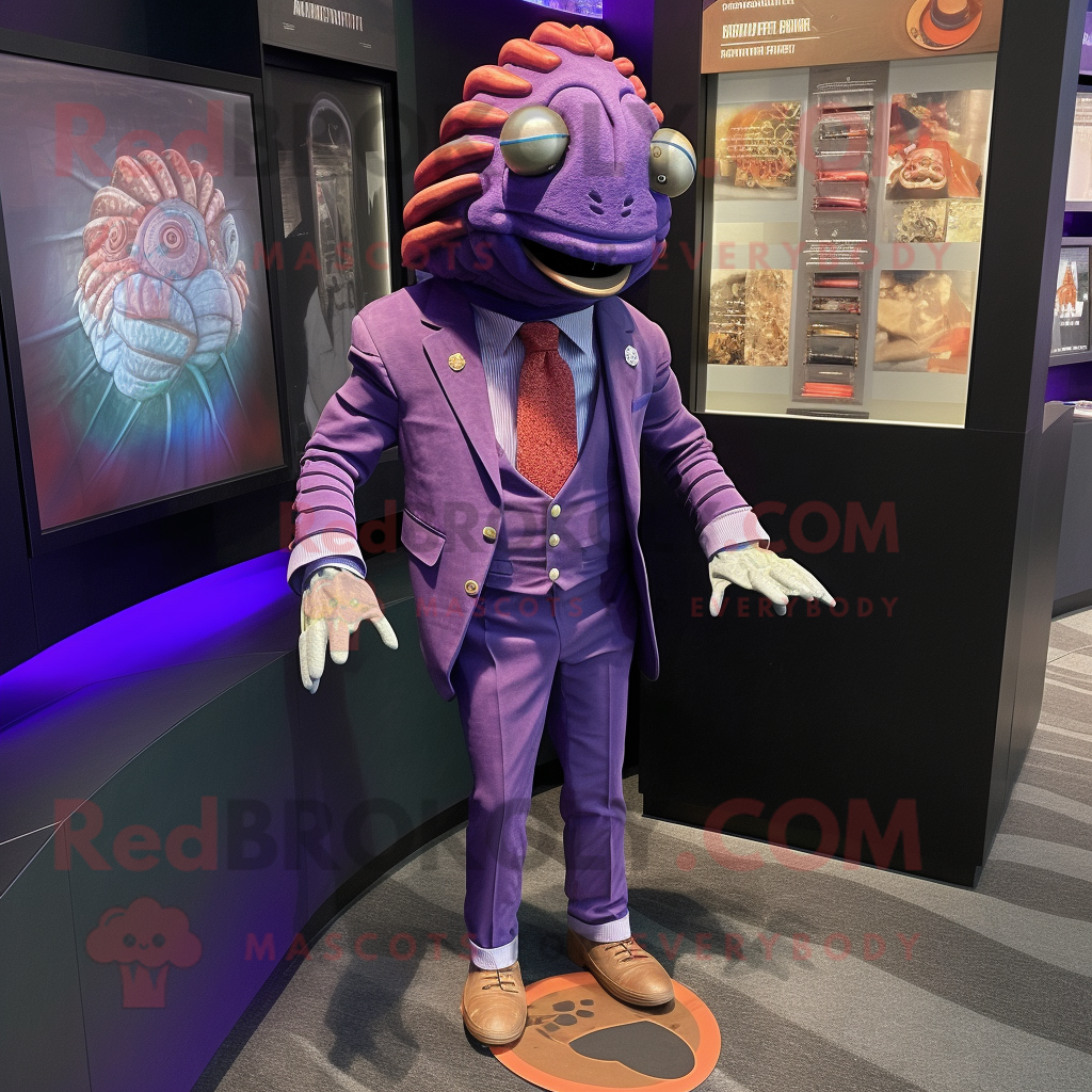 Purple Trilobite REDBROKOLY mascot costume character dressed with a ...