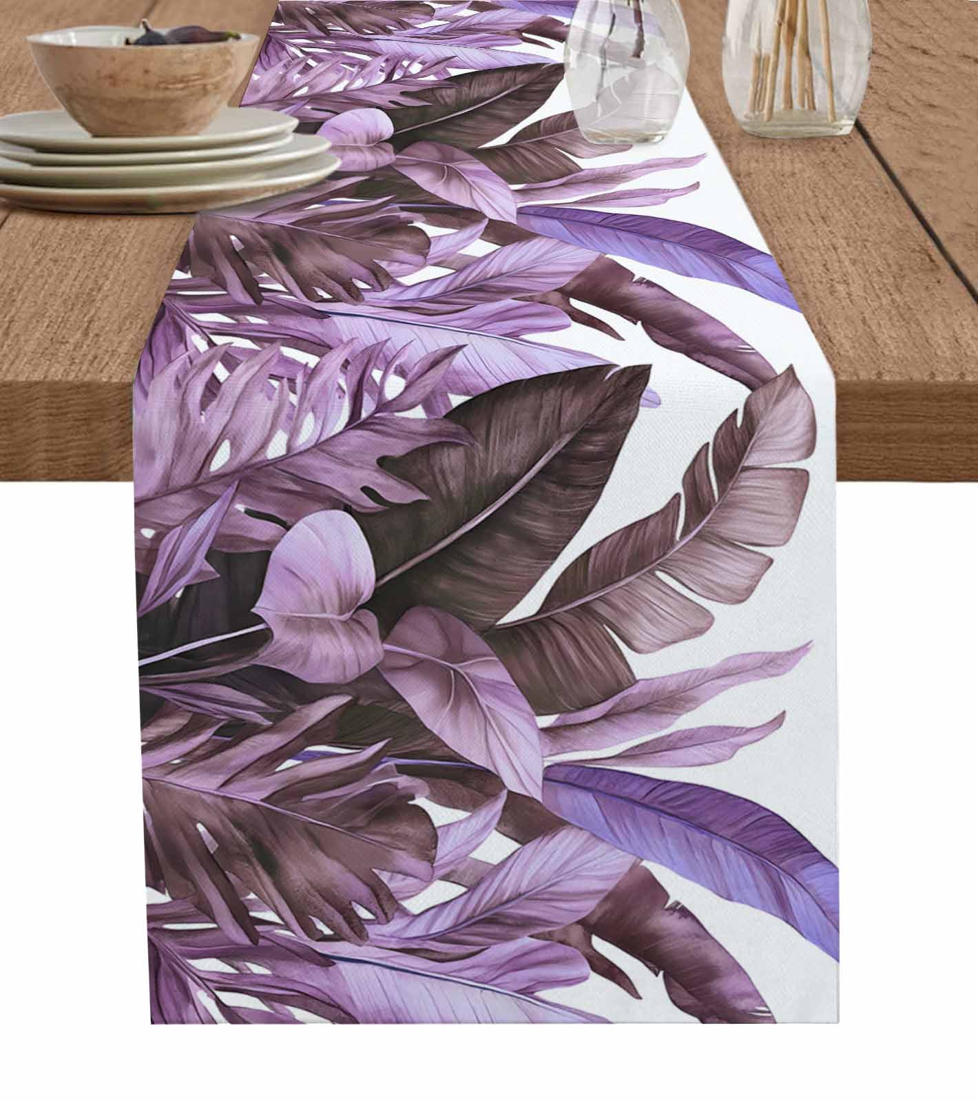 Purple Tropical Leaves Burlap Cotton Table Runner 13x60 Inches Long ...