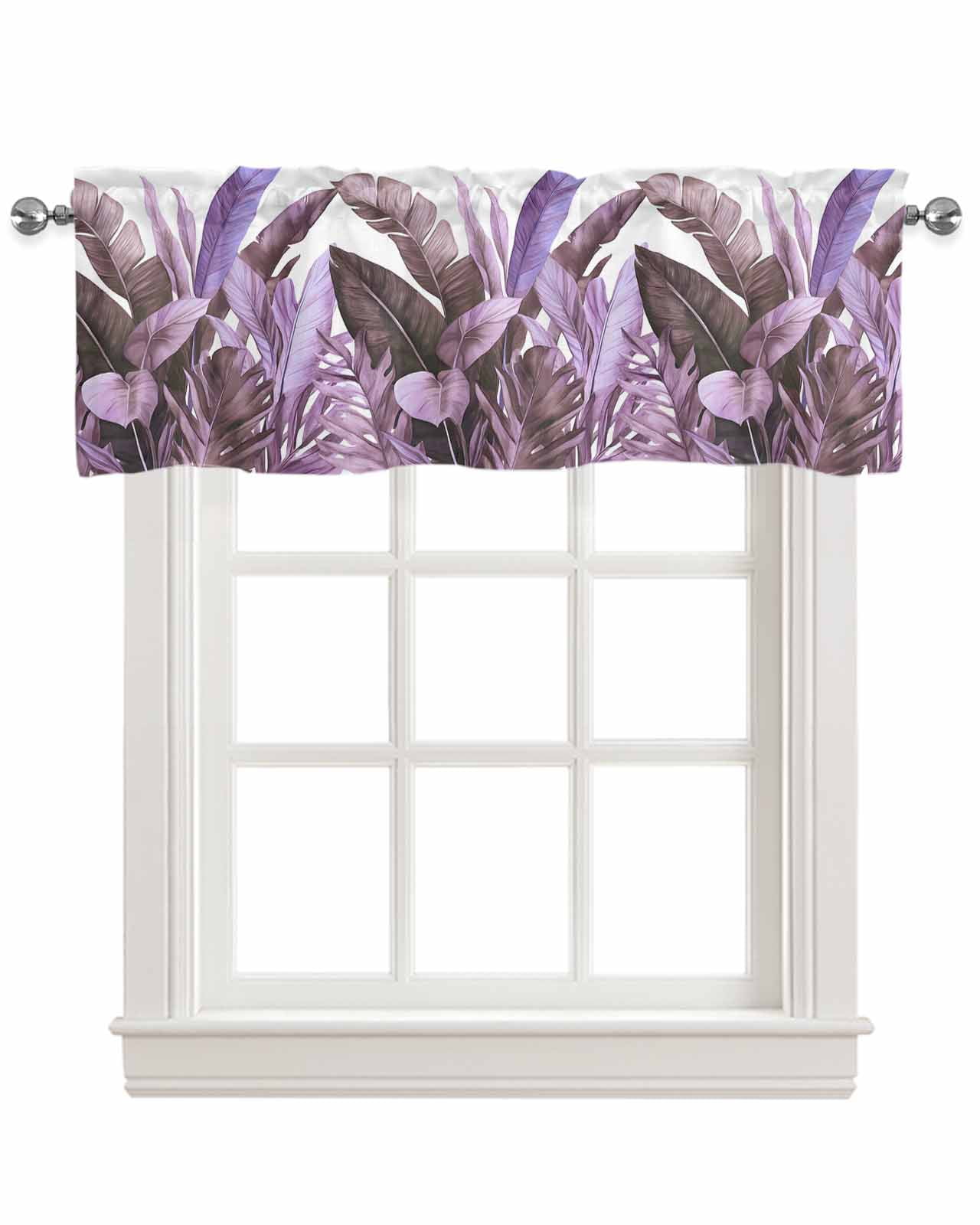 Purple Tropical Leaves Kitchen Valances for Windows Farmhouse Linen ...