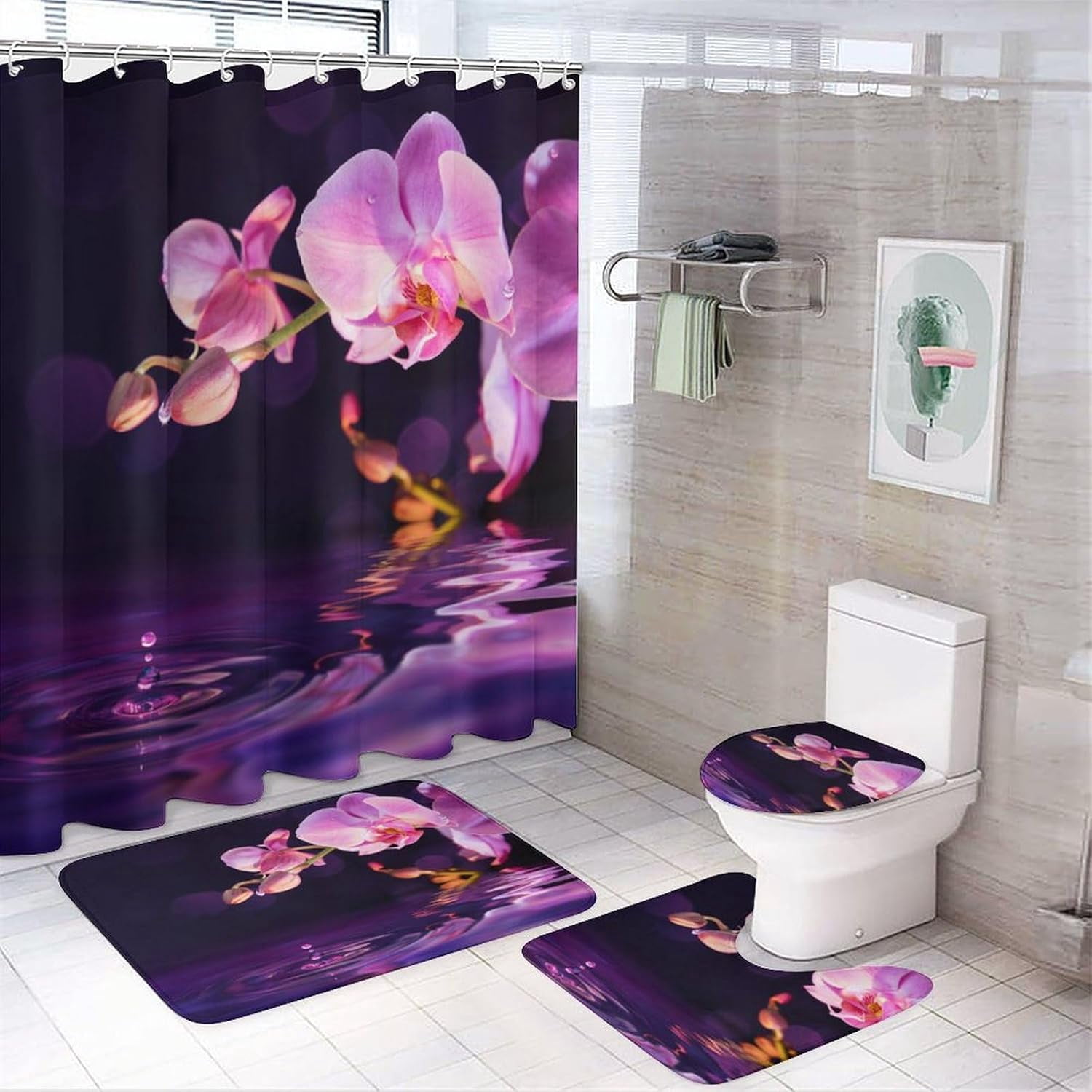 Purple Tropical Orchids Shower Curtain Sets 4 Piece,Abstract Modern ...