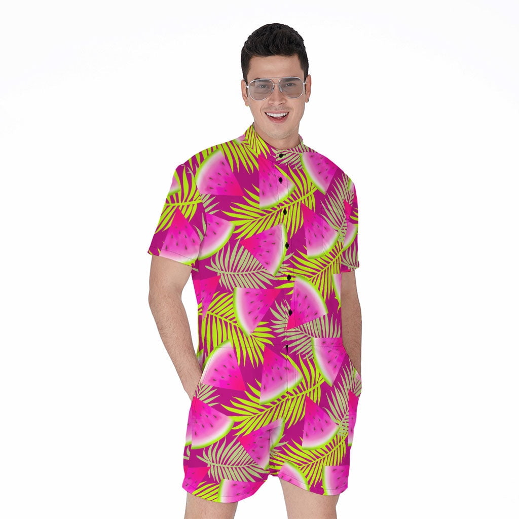 Purple Tropical Watermelon Pattern Short Sleeve Men'S Rompers, Aloha ...