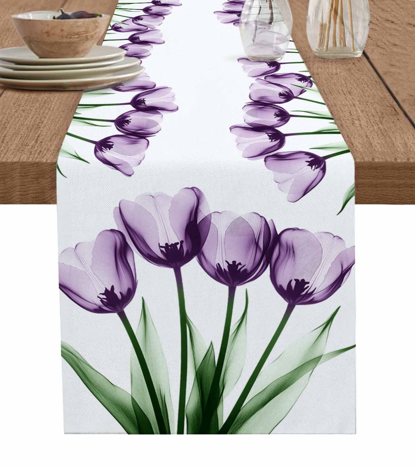 Purple Tulip Floral Burlap Cotton Table Runner 14x72 Inches Long ...