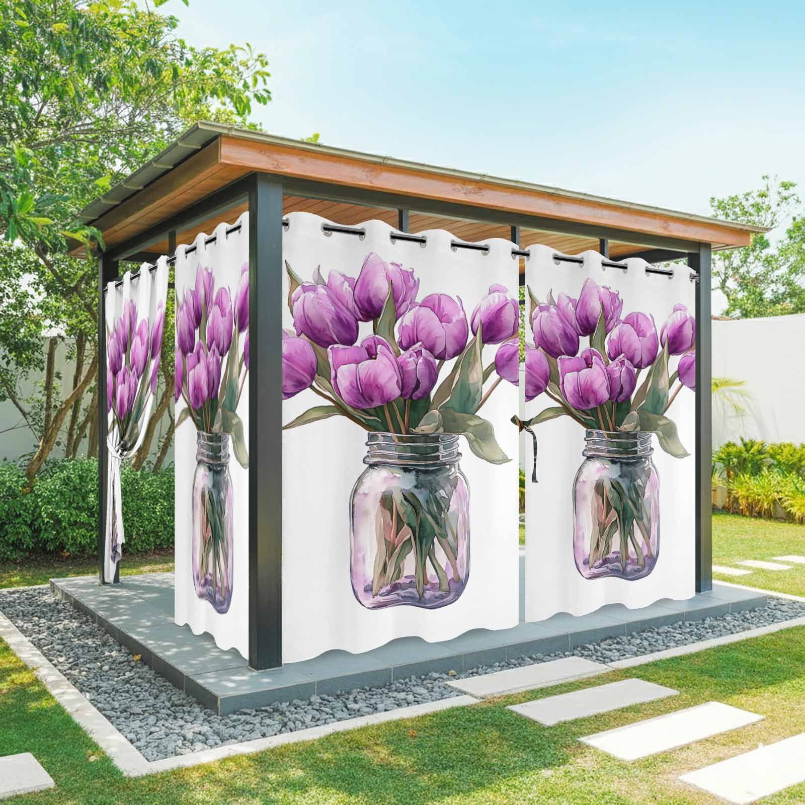 Purple Tulip Floral Outdoor Curtains for Patio Waterproof, Spring Retro ...