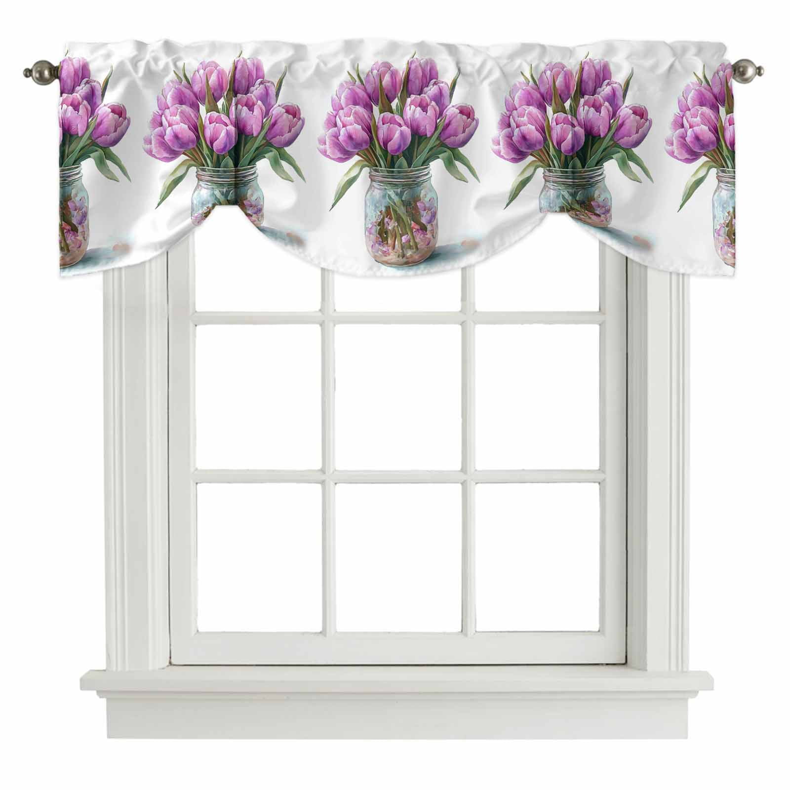 Purple Tulip Floral Tie Up Valance for Windows, Spring Retro Flower ...