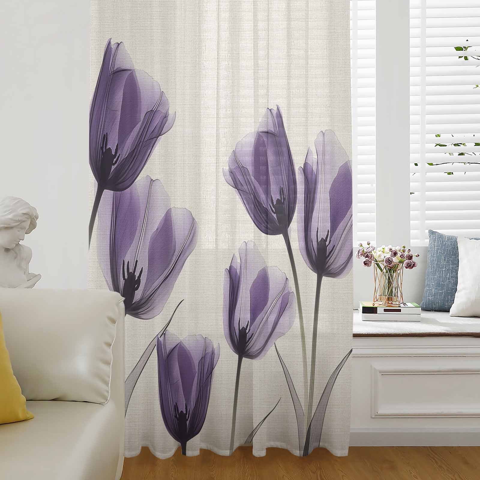 Purple Tulip Flower Window Curtain 84 Inches Long,Vintage Floral Plant ...