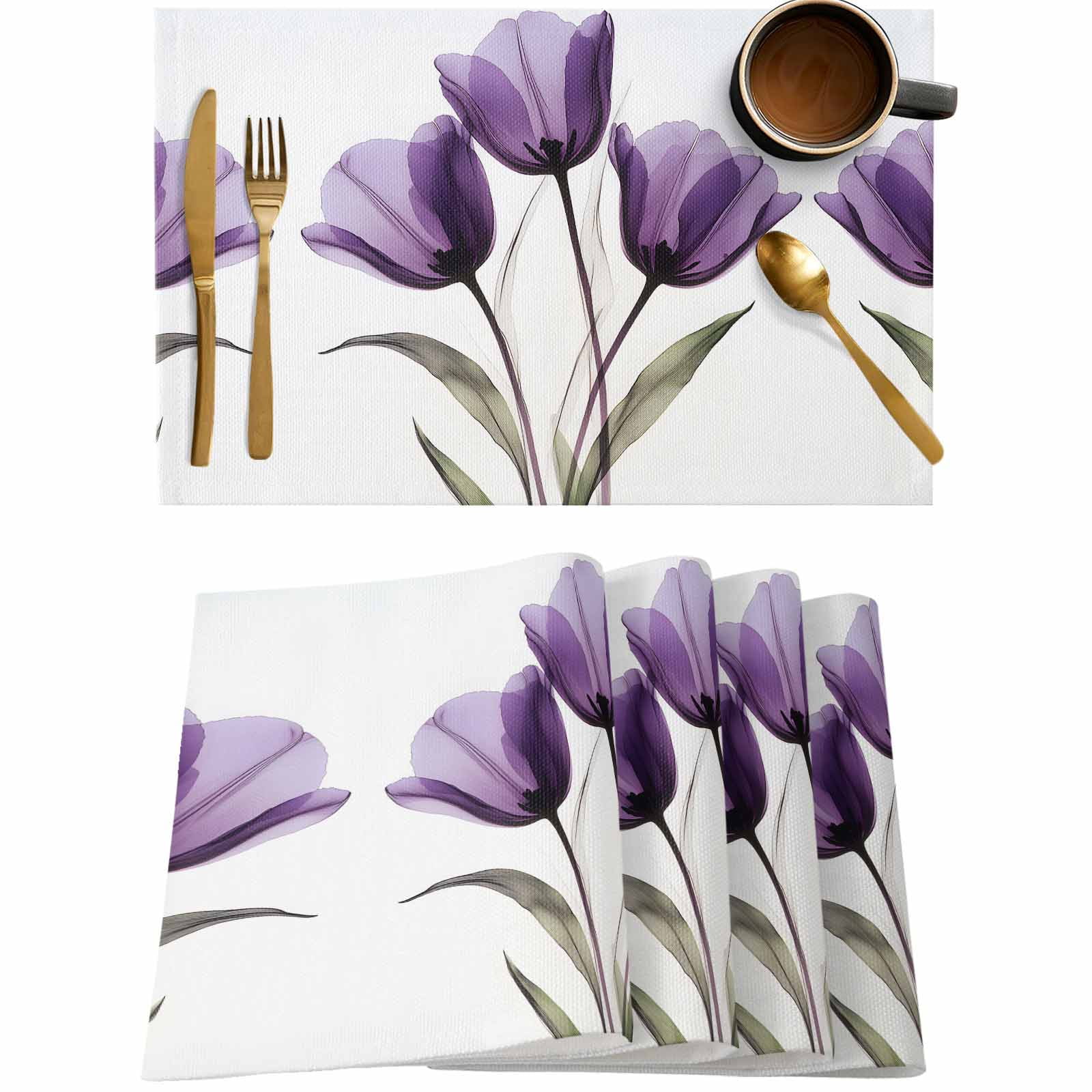 Purple Tulip Green Leaves Placemats Set of 4,Wipeable Washable Table ...
