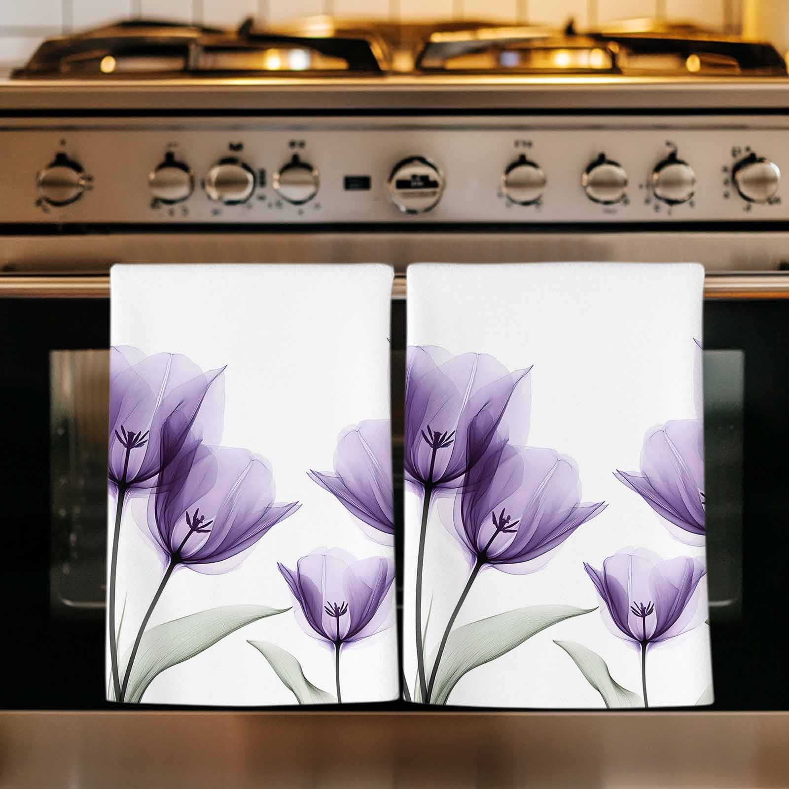 Purple Tulip Kitchen Towels Set of 1, Spring Floral Pastoral Flower ...