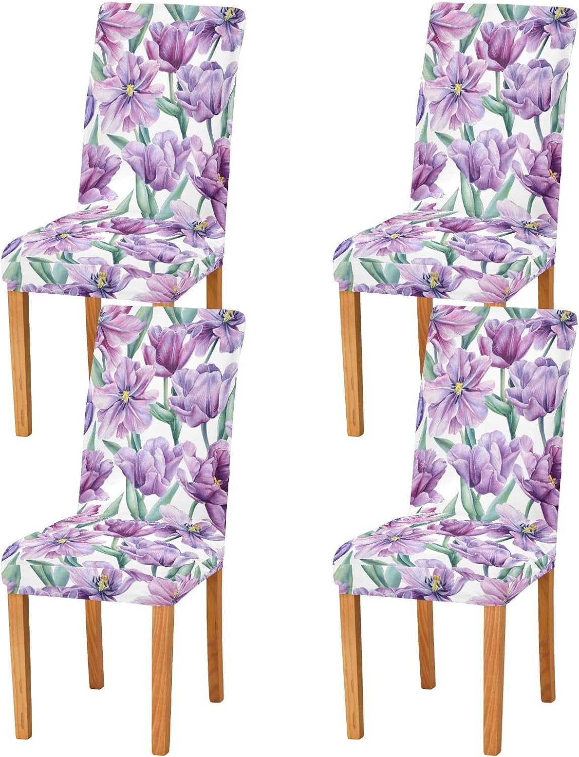 Purple Tulip Watercolor Dining Chair Covers Set of 4, Stretch Kitchen ...