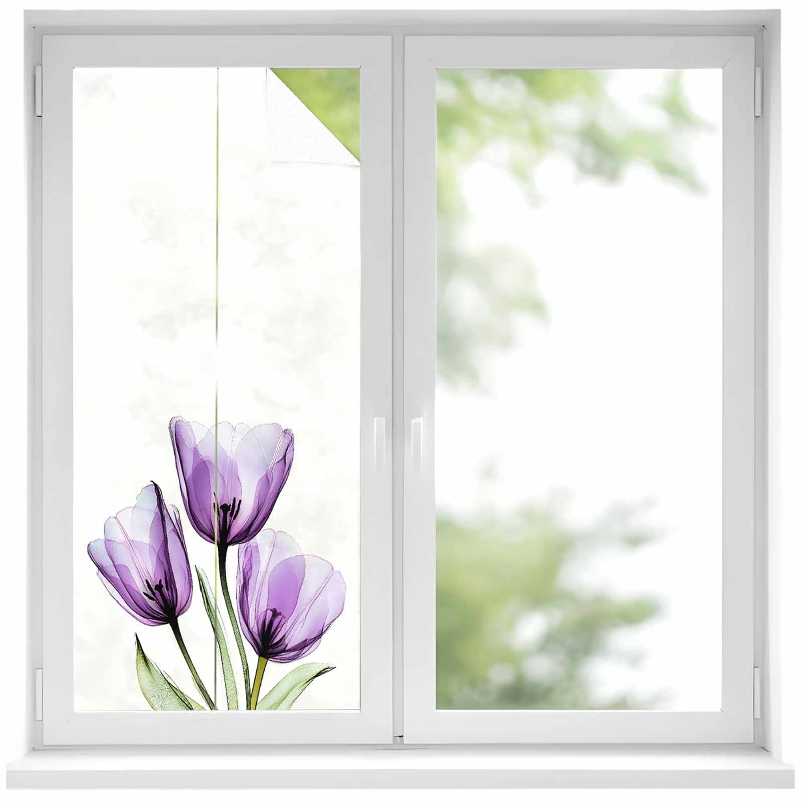 Purple Tulips Window Privacy Film, Green Leaf Country Flower White ...