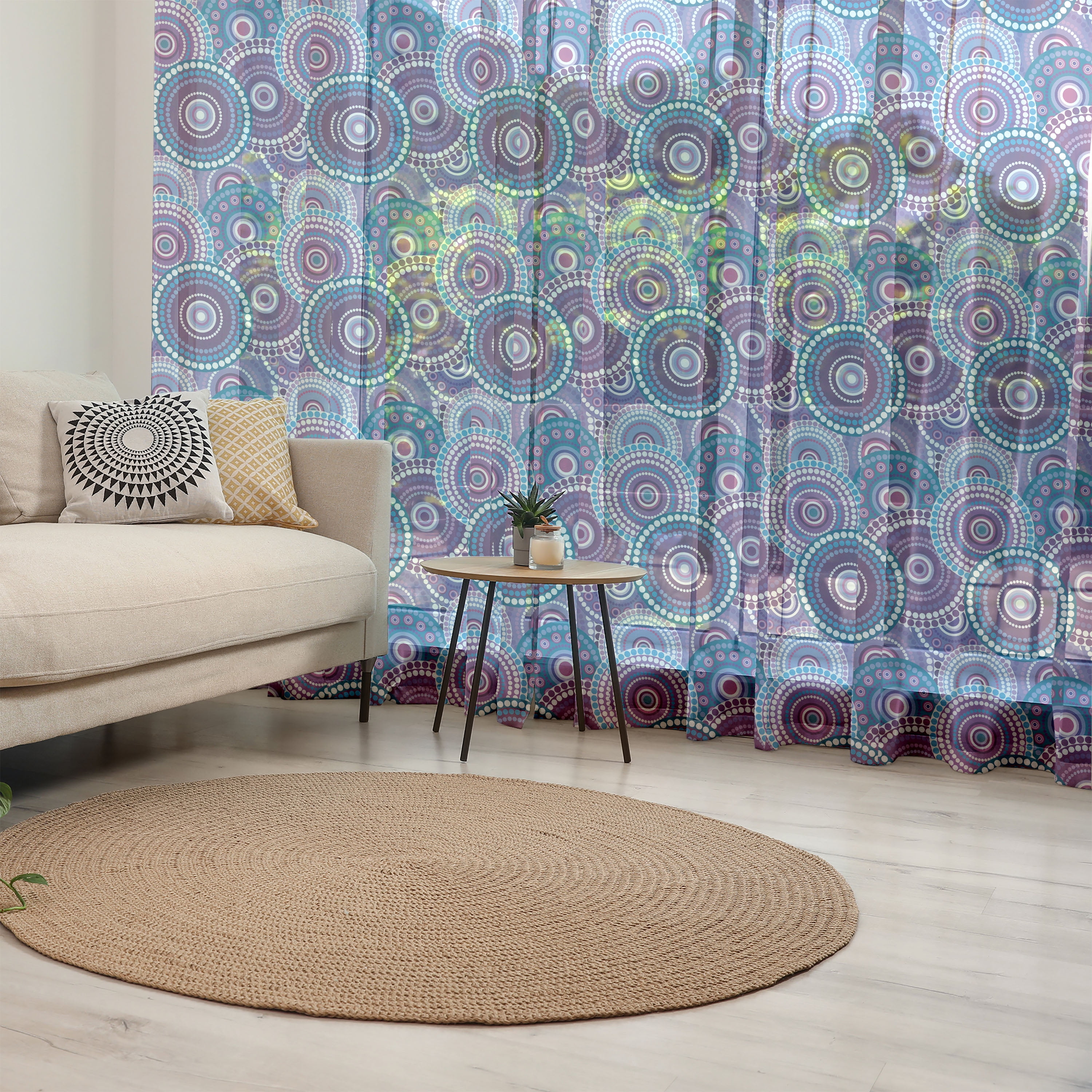 Purple Tulle Curtains with Rod Pocket, Retro Circular Arrangement with ...