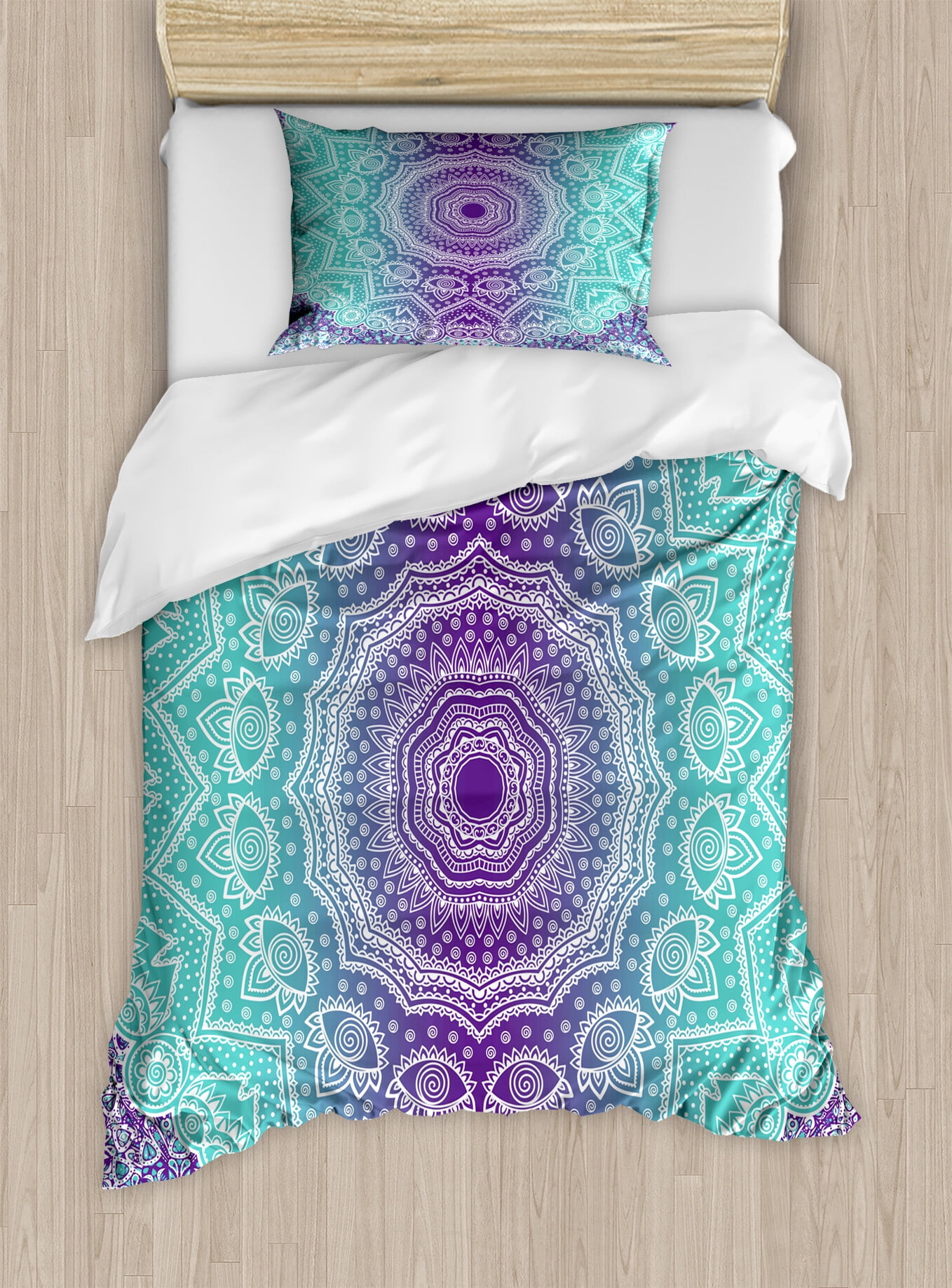Purple and Turquoise Duvet Cover Set, Hippie Ombre Mandala Inner Peace ...
