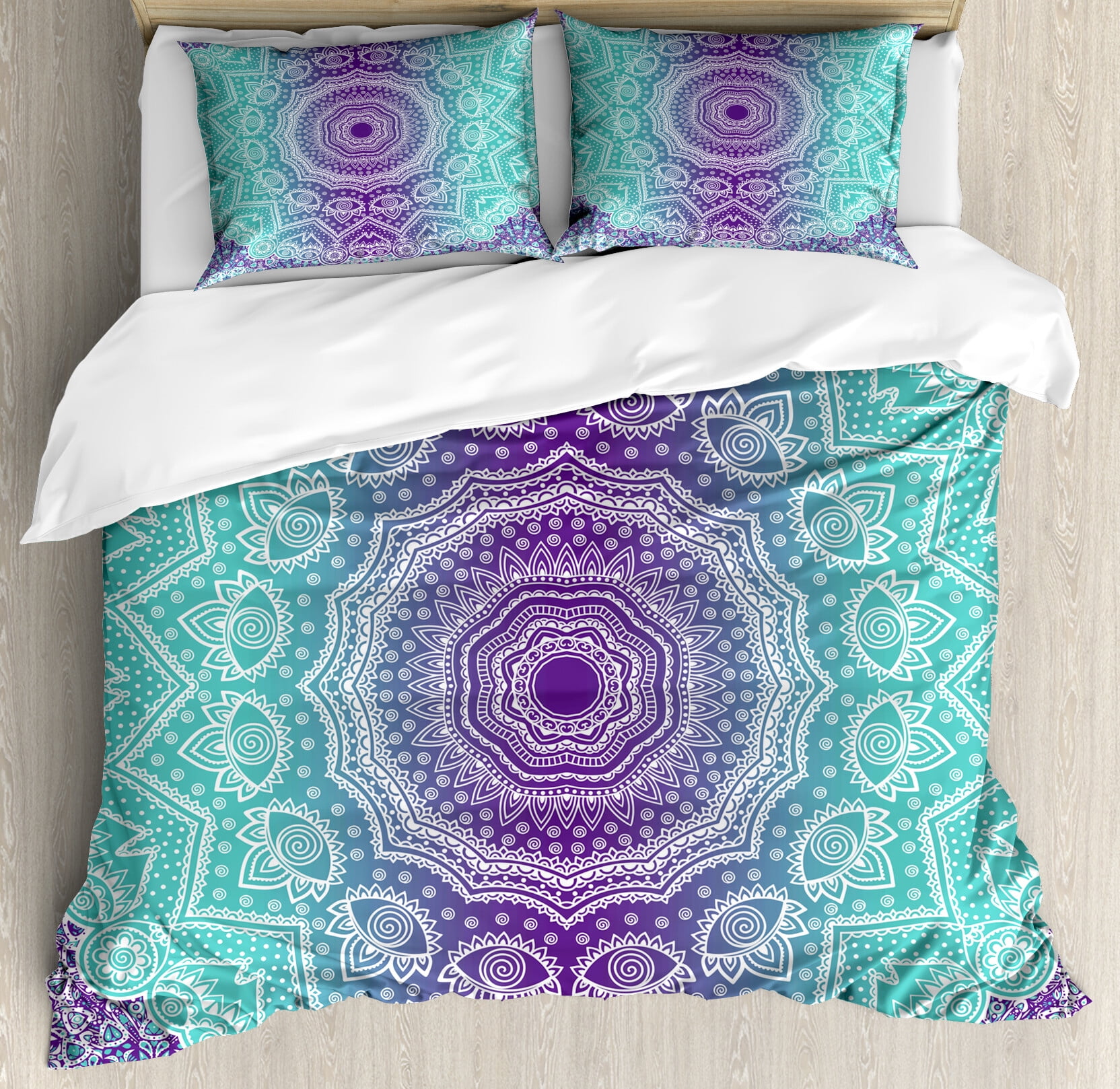 Purple and Turquoise Duvet Cover Set, Hippie Ombre Mandala Inner Peace ...