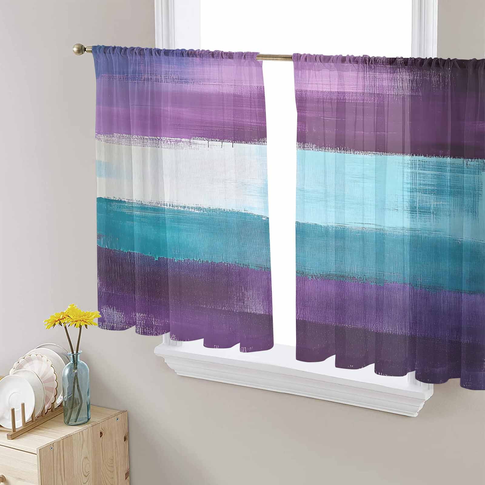 Purple Turquoise Semi Sheer Curtains 45 Inch Length 2 Panels Set,Modern ...