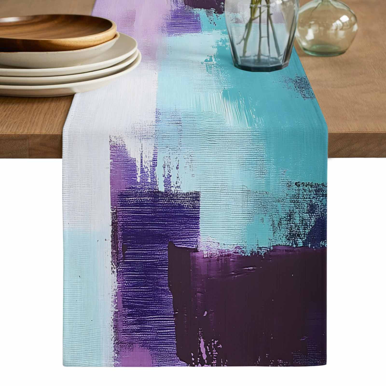 Purple Turquoise Table Runner, Geometric Modern Abstract Oil Painting ...