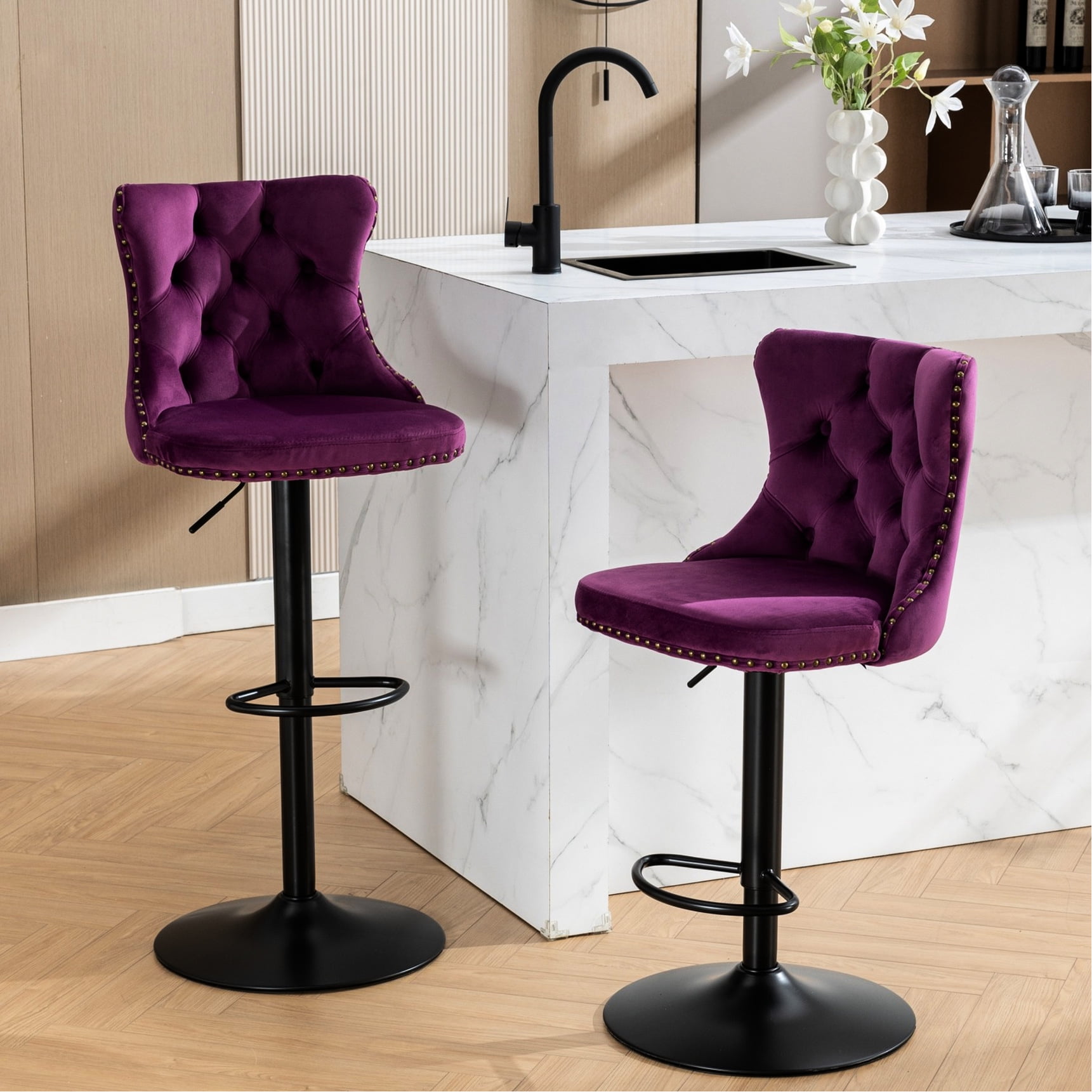 Purple Upholstered Bar Stools+Hand - pulled Buttons”-“Kitchen Island ...