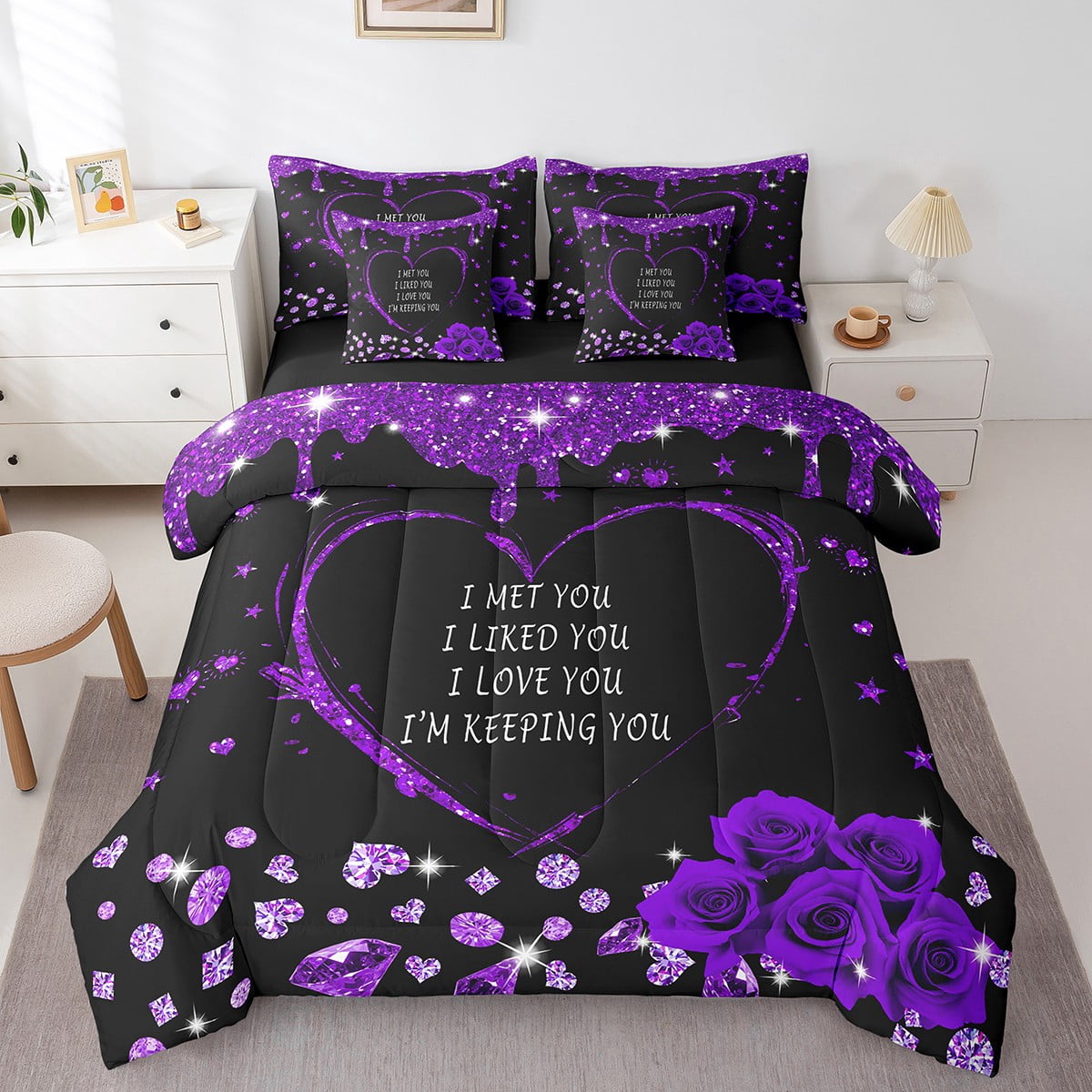 Purple Valentine'S Day Couple Queen Comforter Set 7 Piece Romantic ...