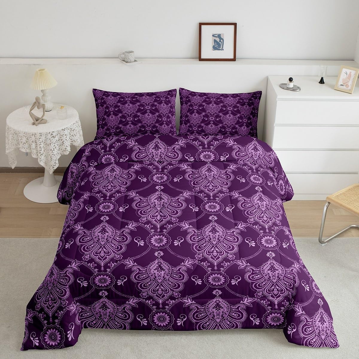 Purple Vintage Damask Floral Comforter Set for Adults with Antique ...
