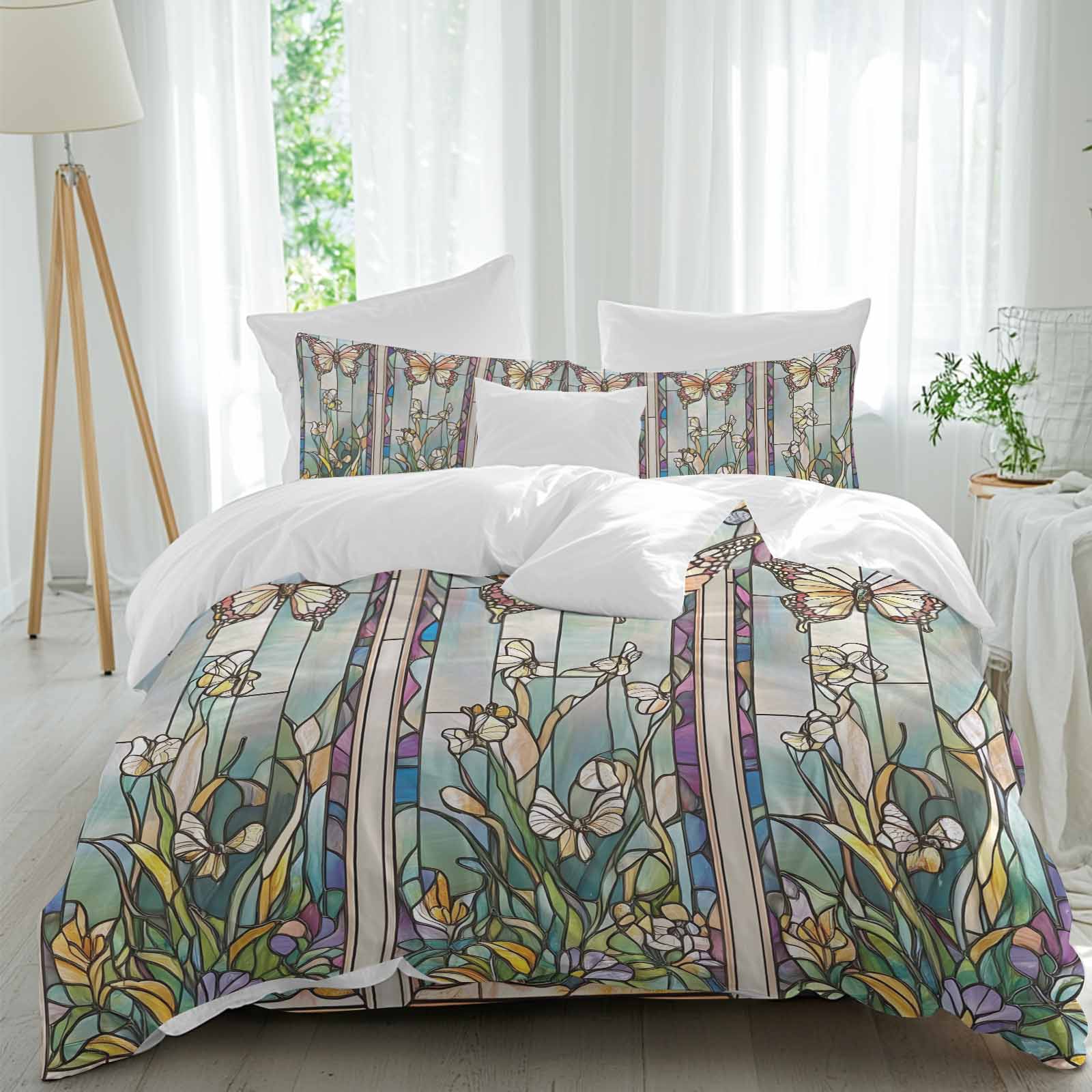 Purple Vintage Stained Glass Duvet Cover Set Full Size Flowers ...