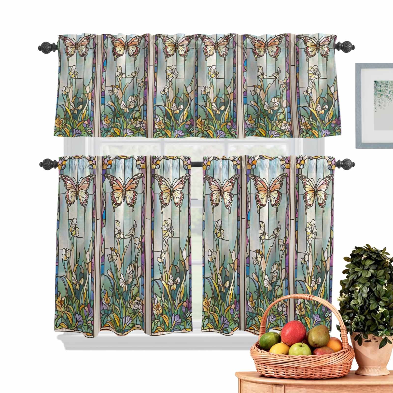 Purple Vintage Stained Glass Kitchen Curtains Valances 3 Piece Set ...