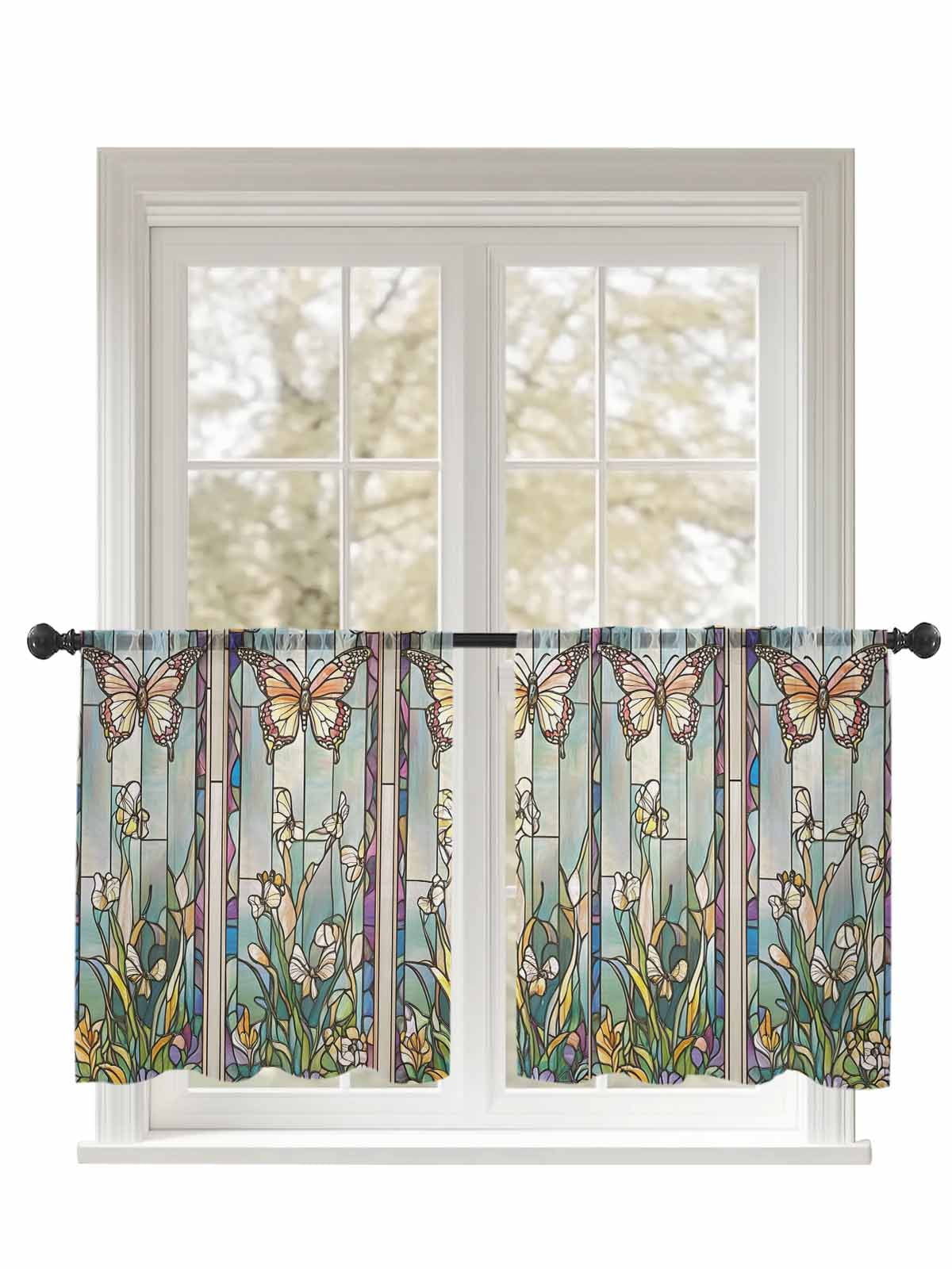 Purple Vintage Stained Glass Sheer Curtains 2 Panels Set Flowers ...