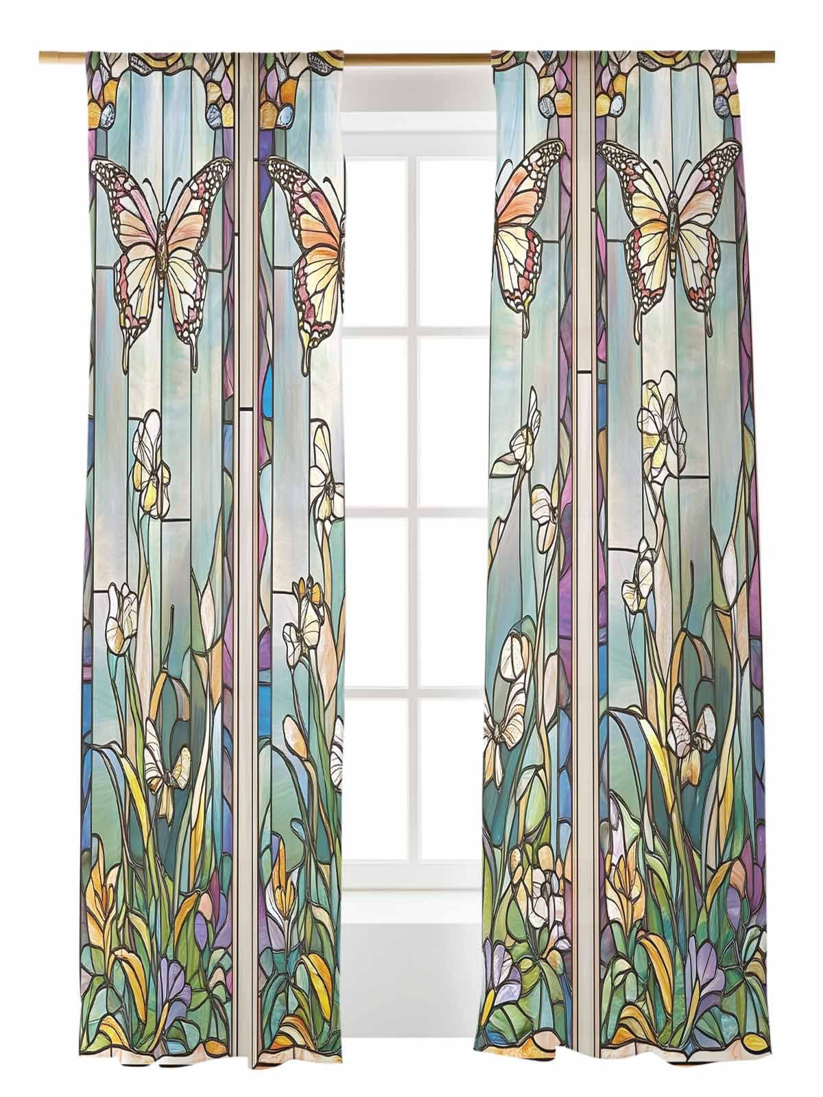 Purple Vintage Stained Glass Sheer Curtains 84 inches Long 2 Panels Set ...