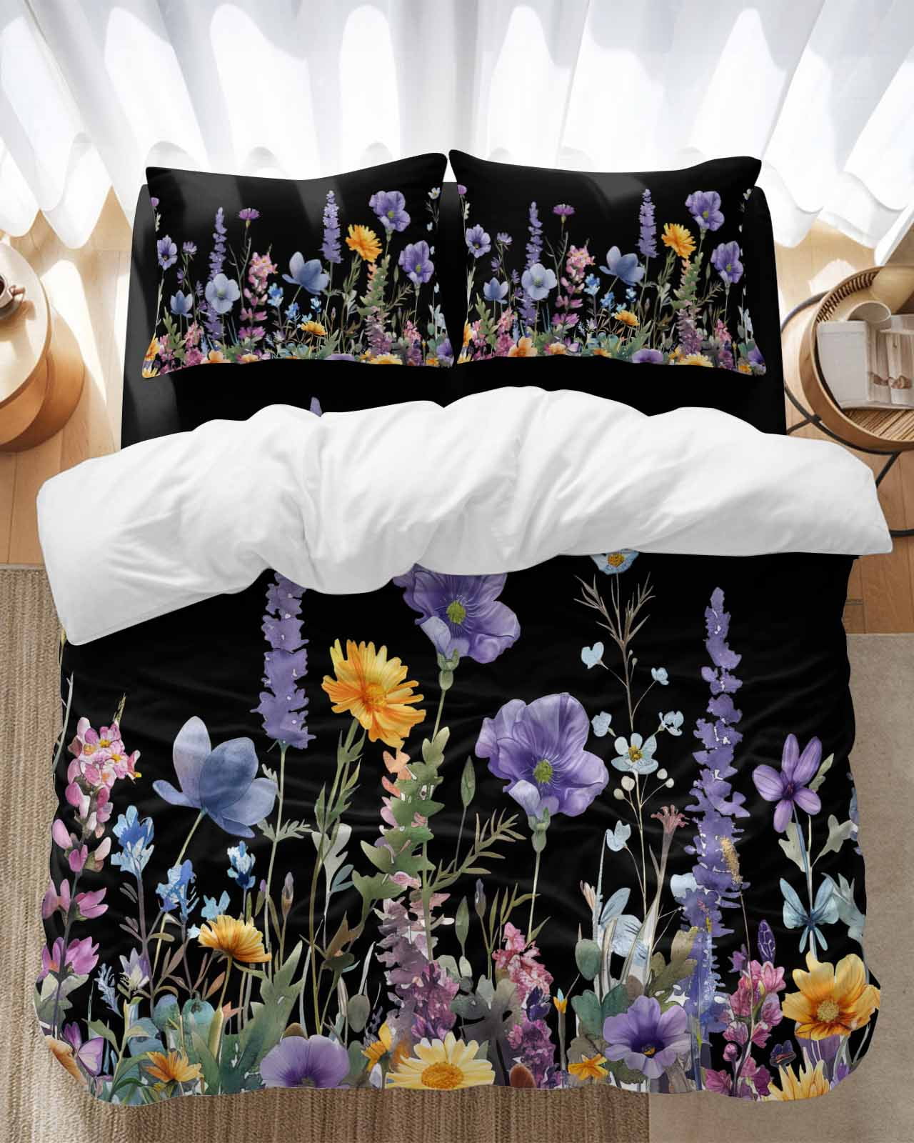 Purple Watercolor Bedding Duvet Cover Set Full Size 4 Pieces Wildflower ...