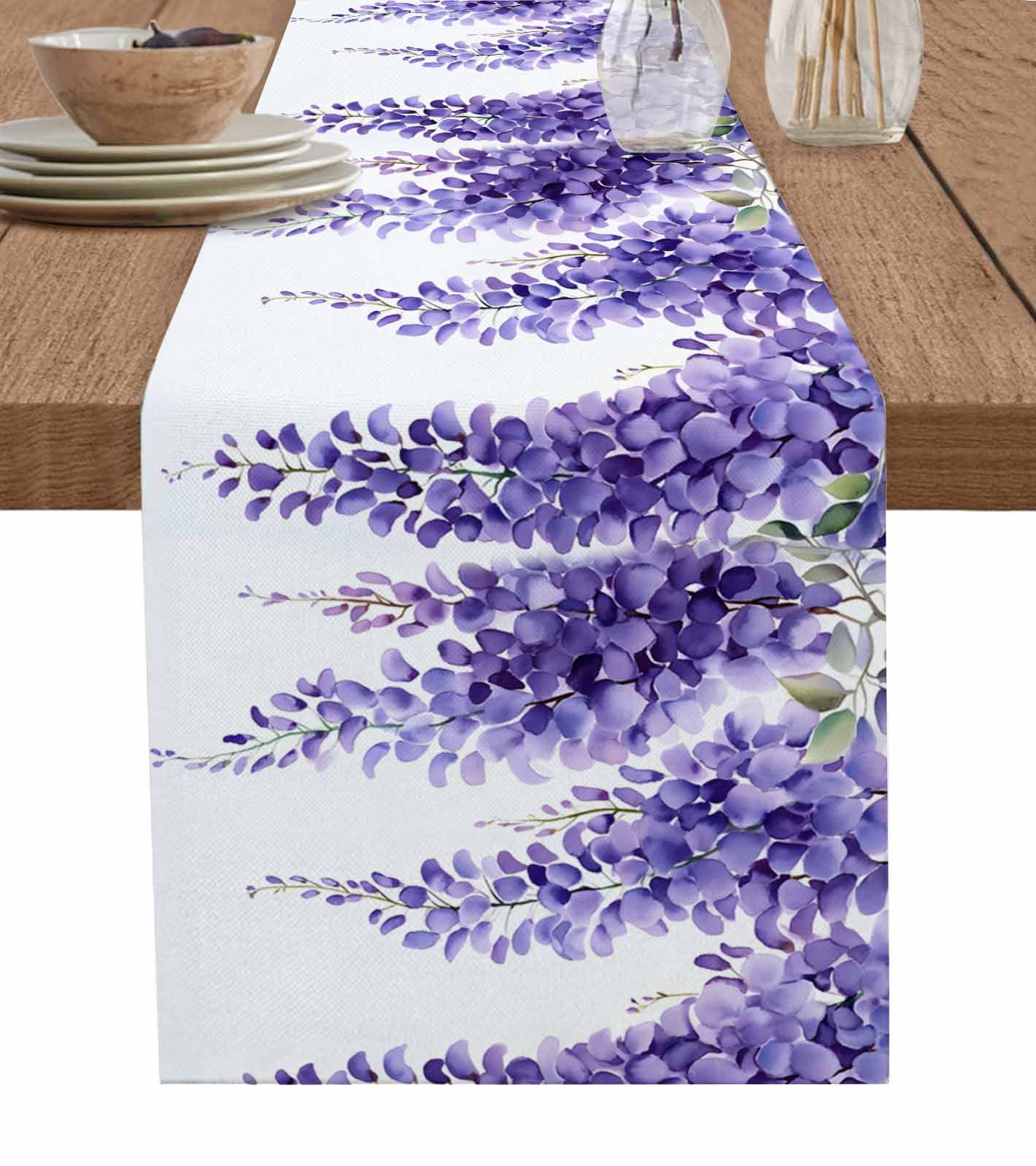Purple Watercolor Leaves Table Runner 120 Inches, Spring Eucalyptus ...