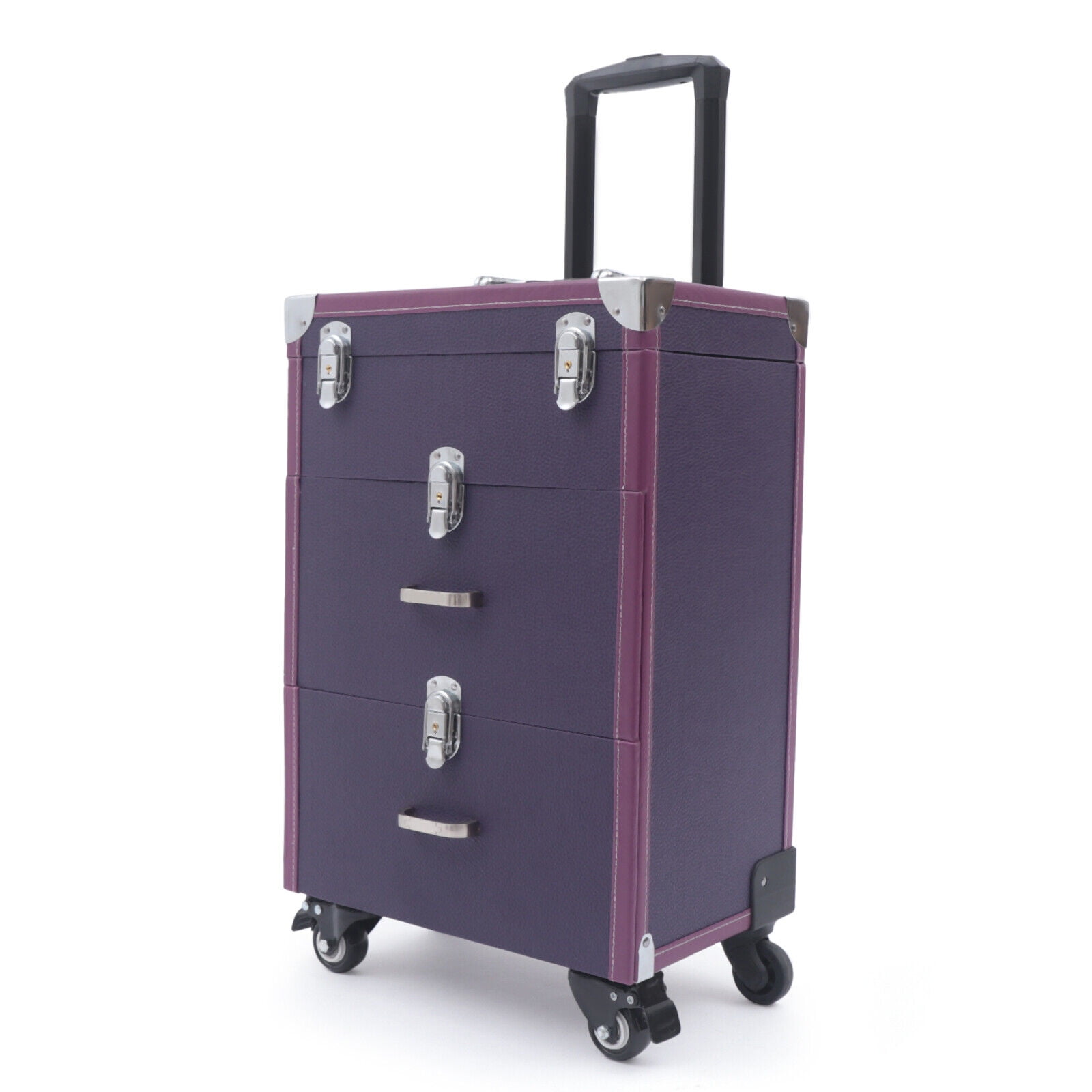 Purple Waterproof Large Rolling Cosmetic Case Makeup Trolley Rolling ...