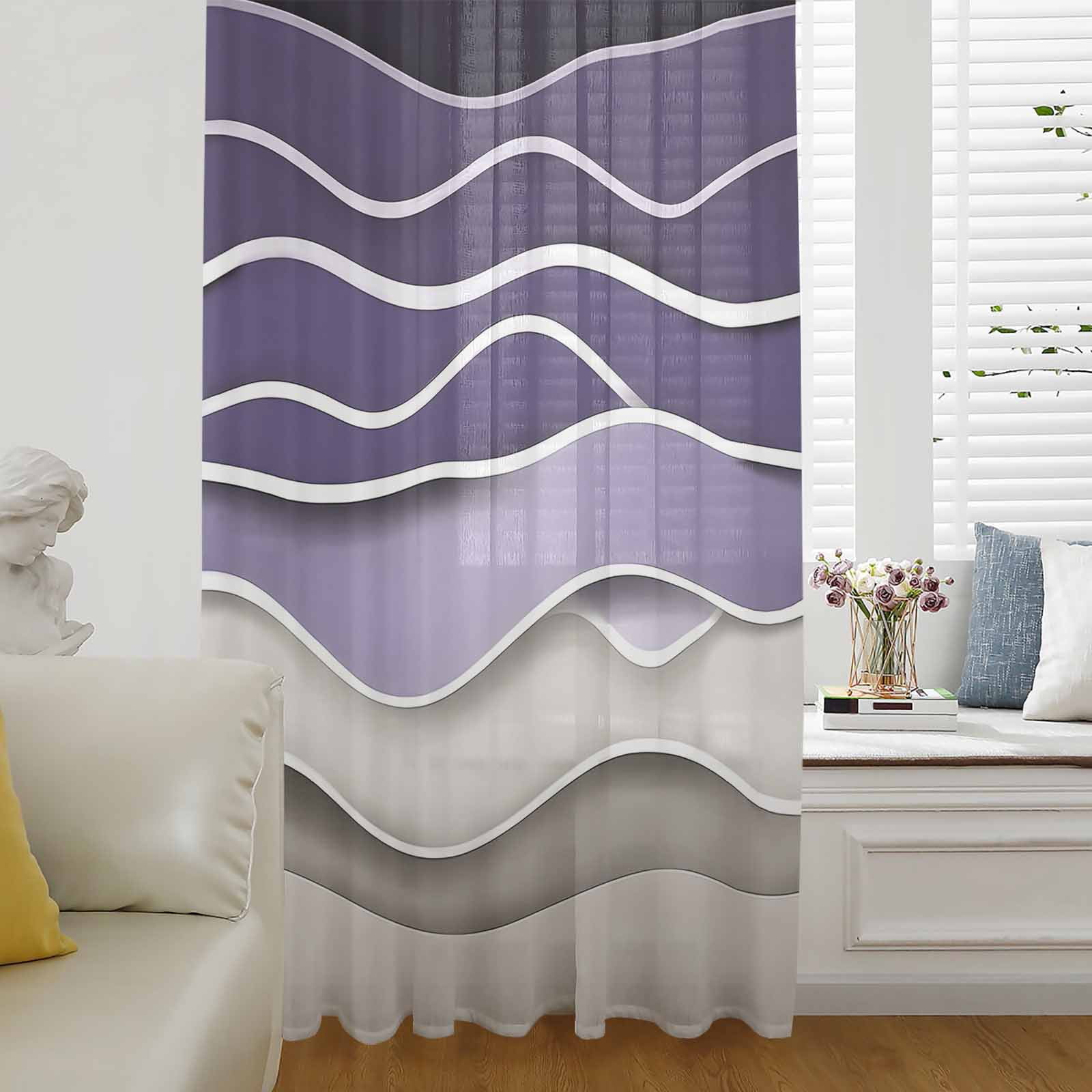 Purple Wave Window Curtain 45 Inches Long,Coastal Ombre Ocean Grey ...