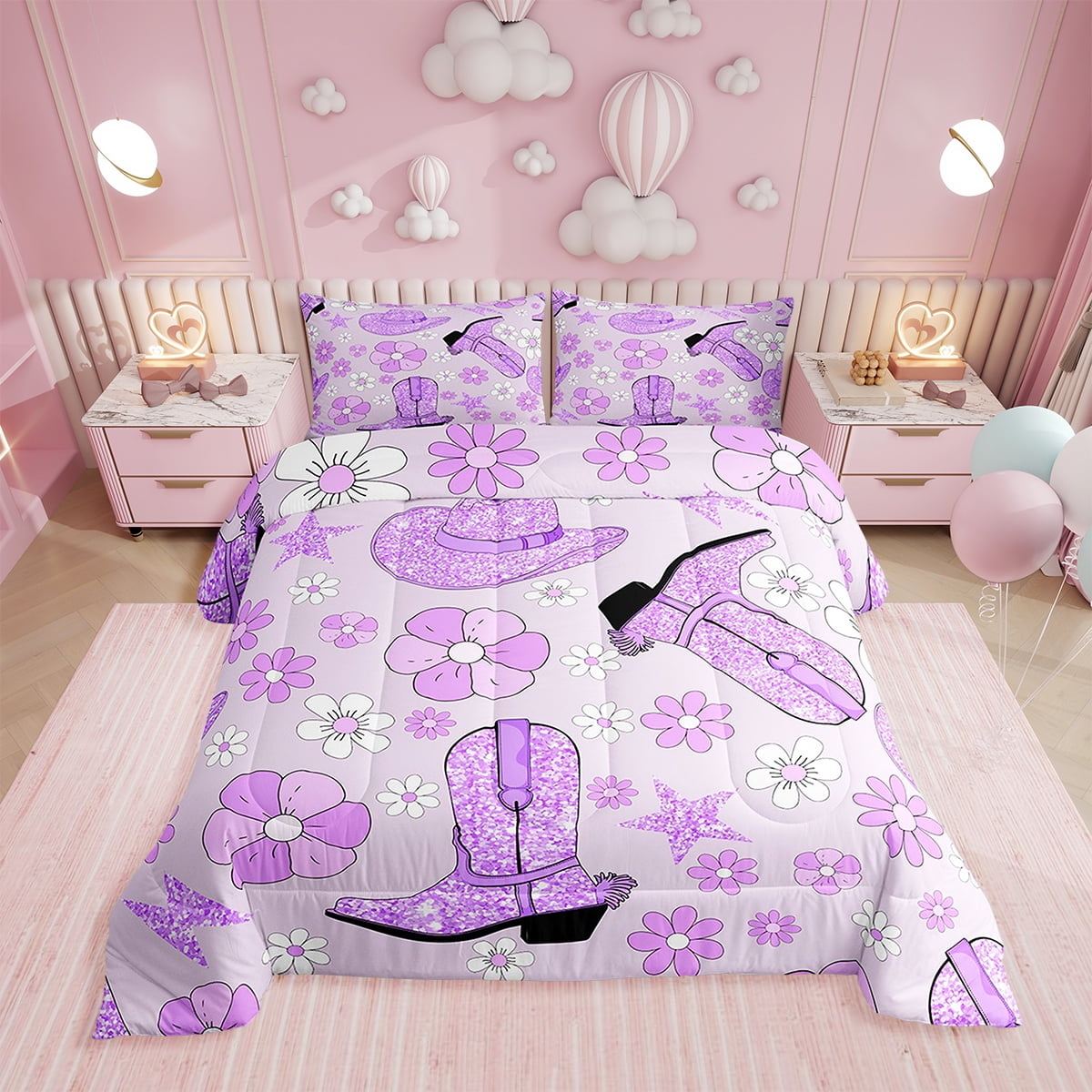 Purple Western Cowgirl Full Comforter Set,Glitter Cowgirl Boot Hat ...