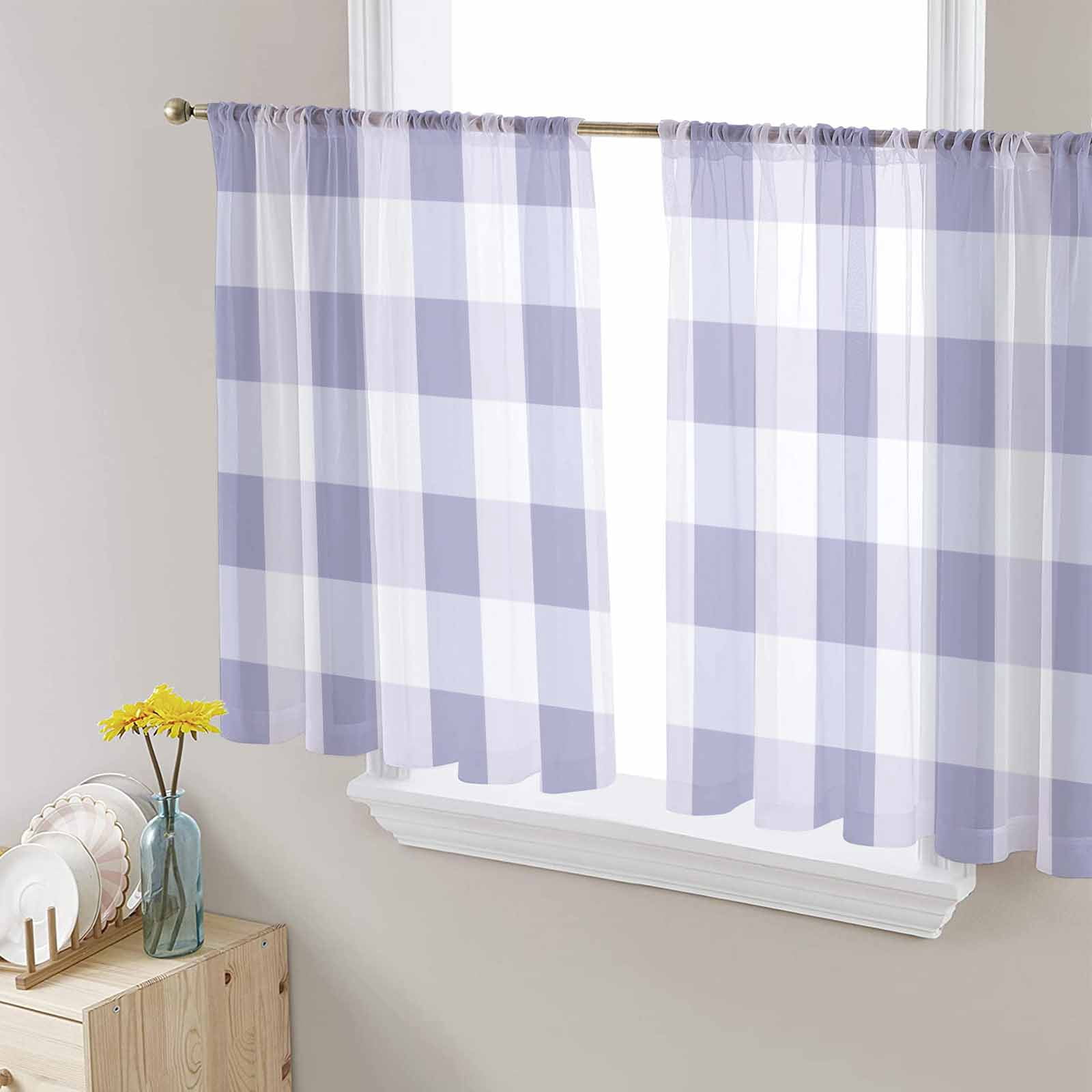 Purple White Buffalo Check Semi Sheer Window Curtains 54 Inches Long ...