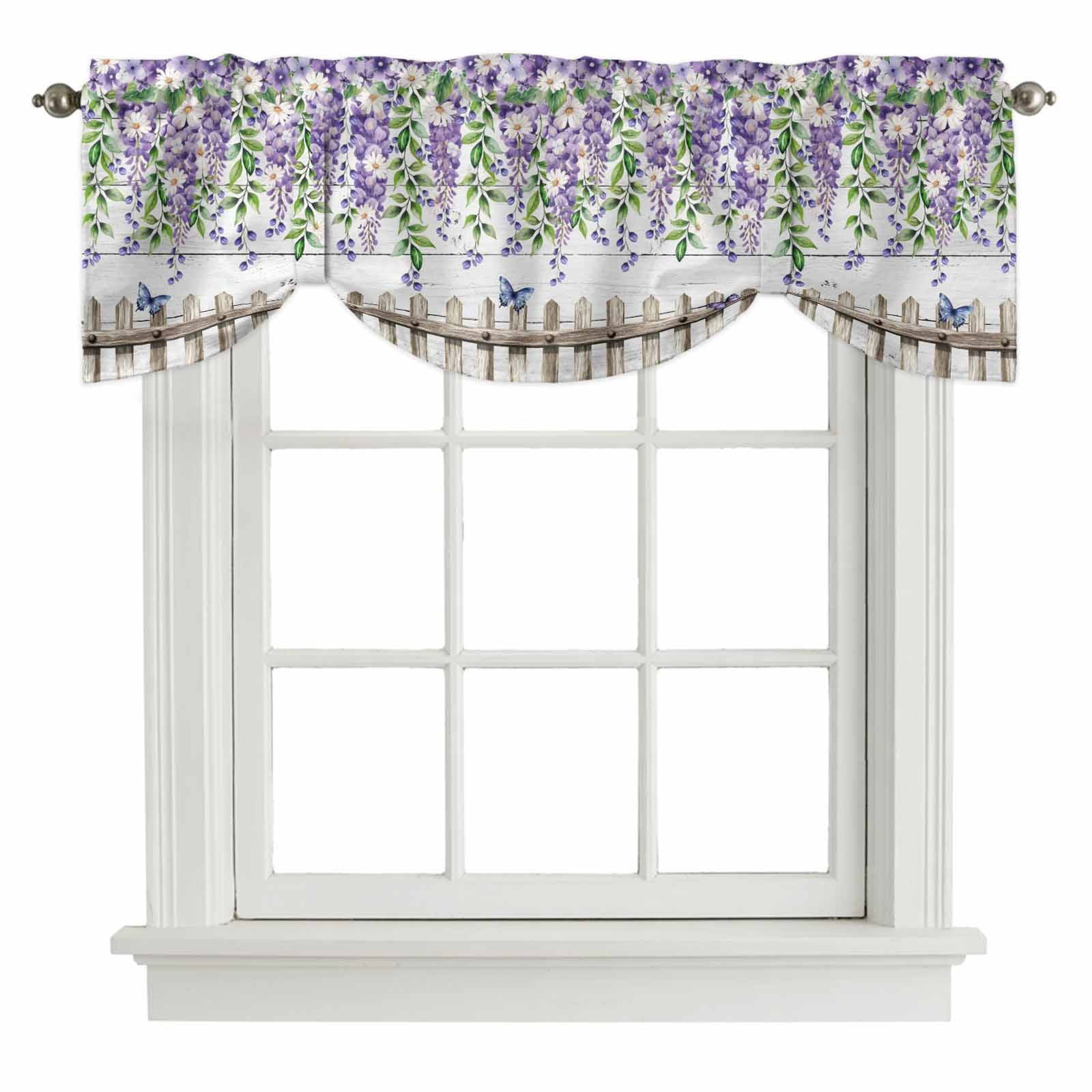 Purple White Floral Tie Up Valance Curtains Watercolor Spring Butterfly ...