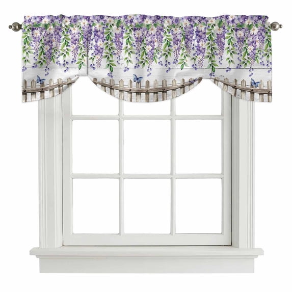Purple White Floral Tie Up Valance Curtains Watercolor Spring Butterfly ...